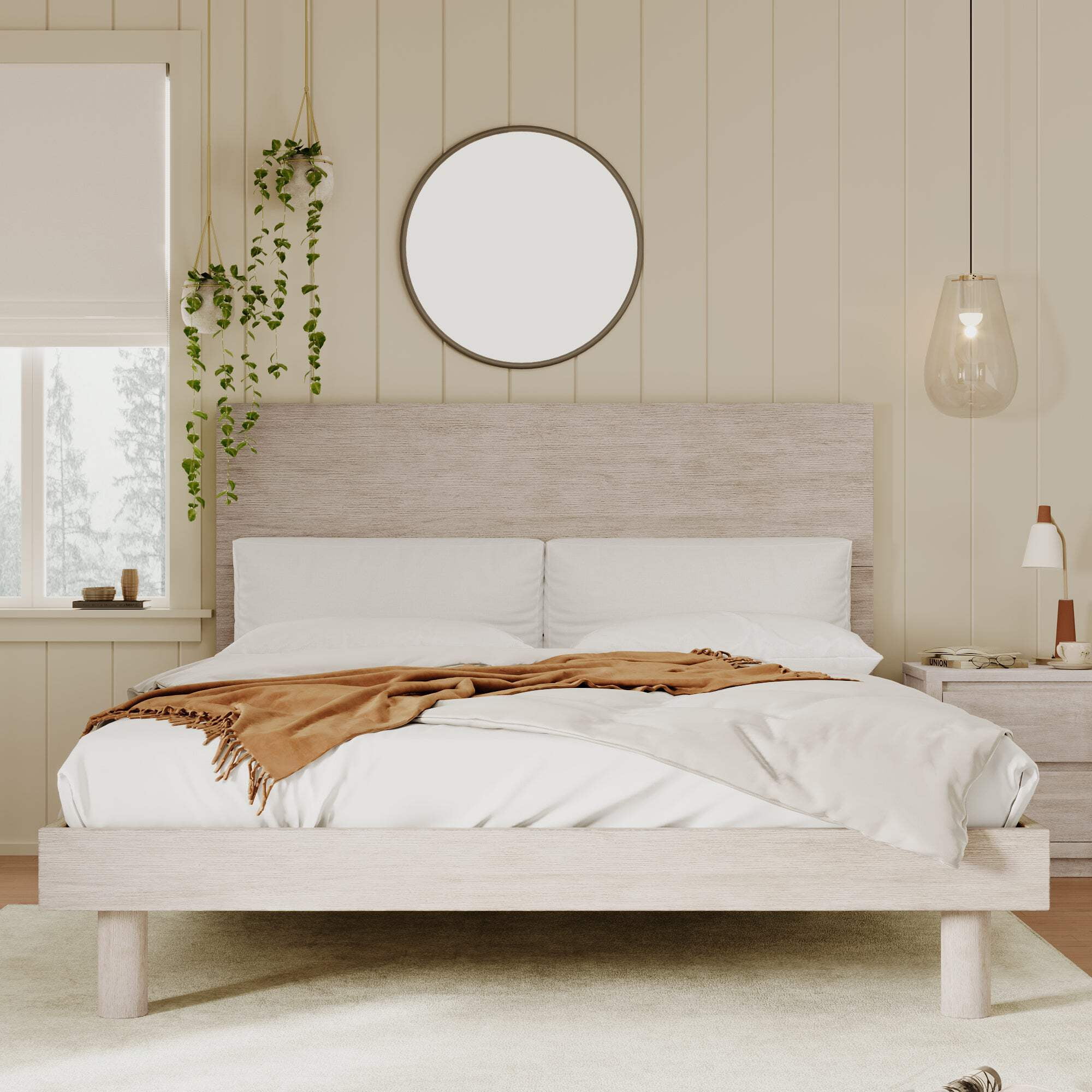 Modern Concise Style Solid Wood Grain Platform Bed Frame, Queen, Stone ...