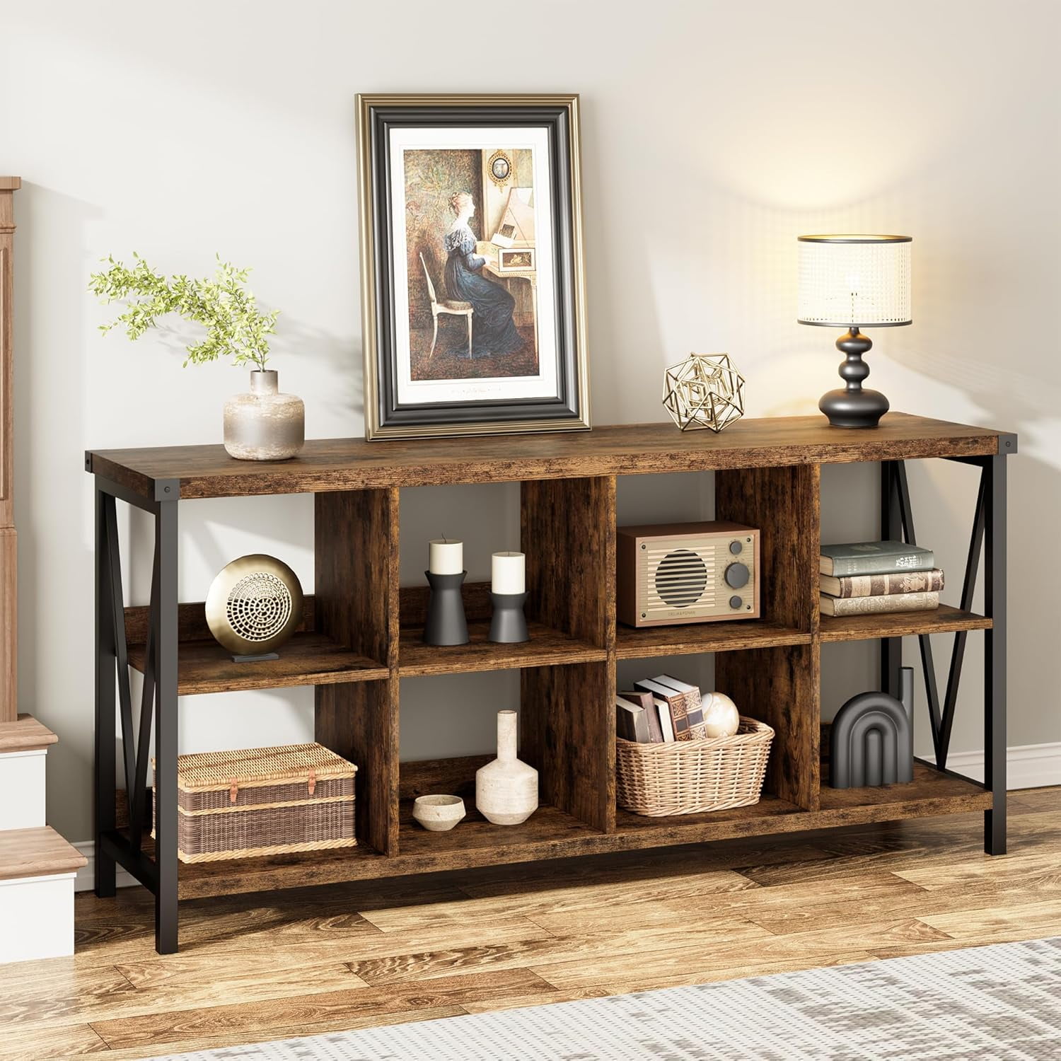 Modern Console Table, 8 Cube Storage Organizer Bookshelf, 3 Tier Metal ...