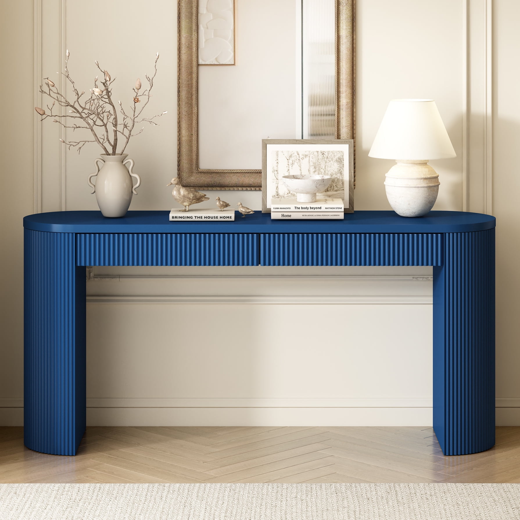 Modern Console Table with Pine Veneer & Vertical Stripe Design, Storage ...