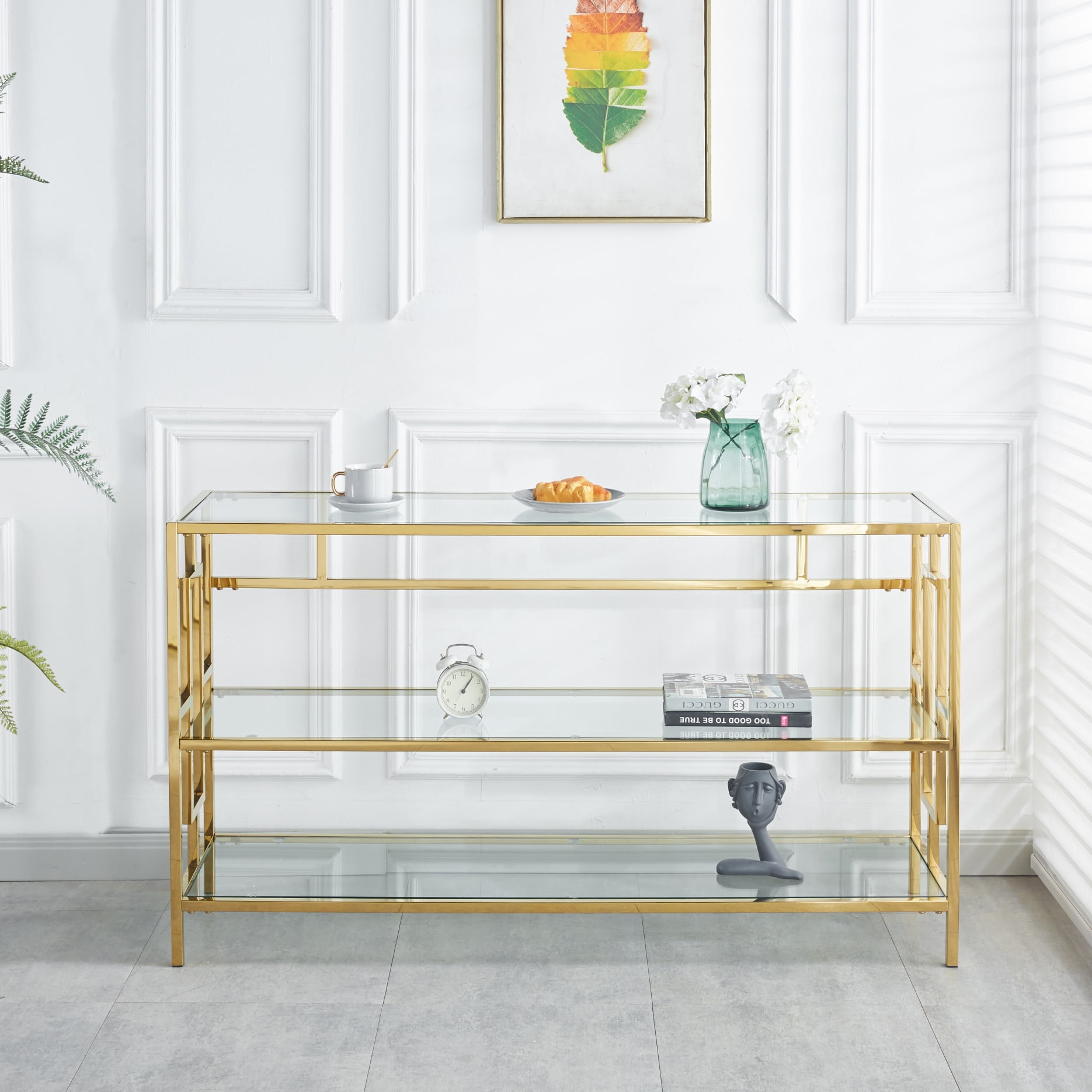Modern Console Table with 3 Open Shelves, Entryway Table with Stainless ...