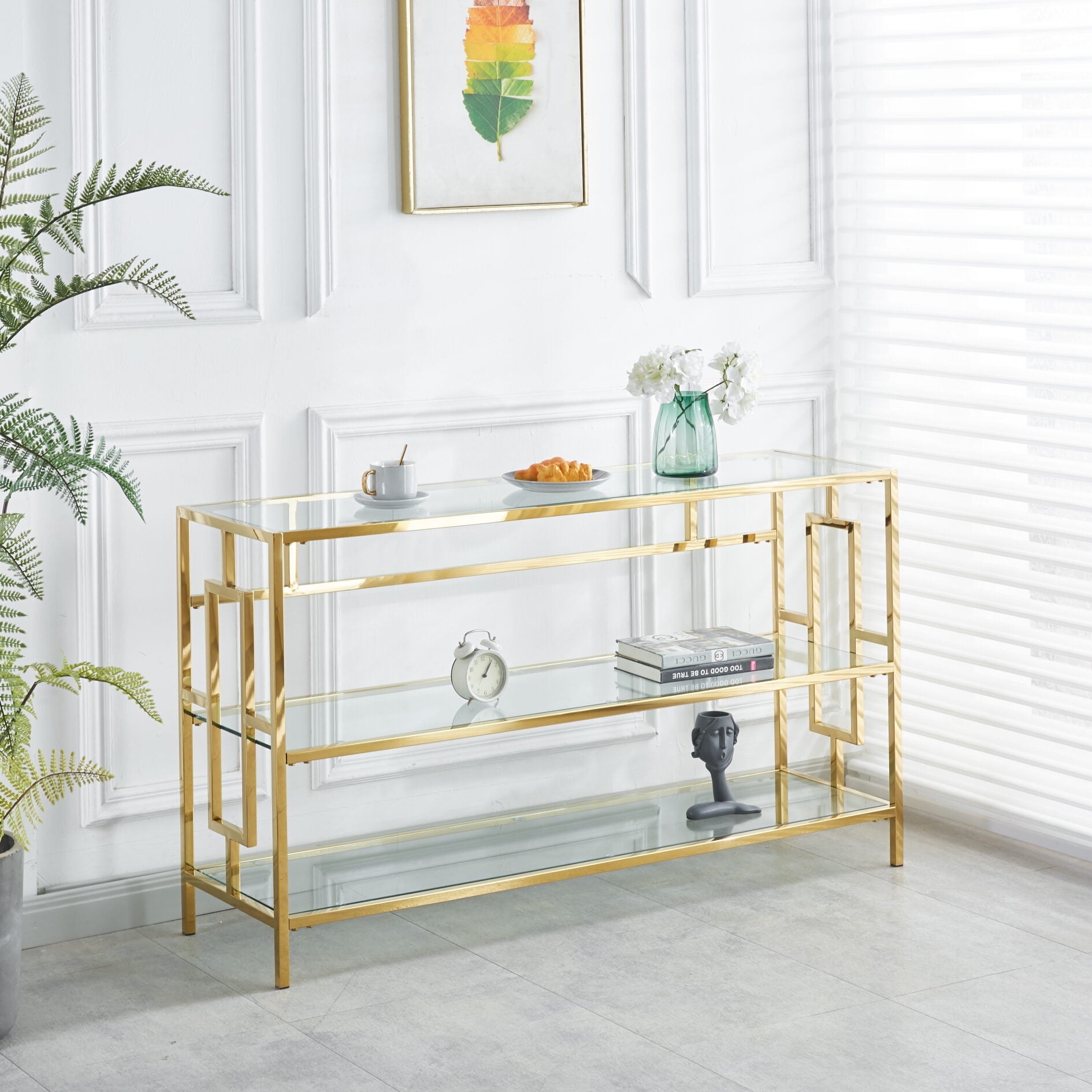 Modern Console Table with 3 Open Shelves, Entryway Table with Stainless ...