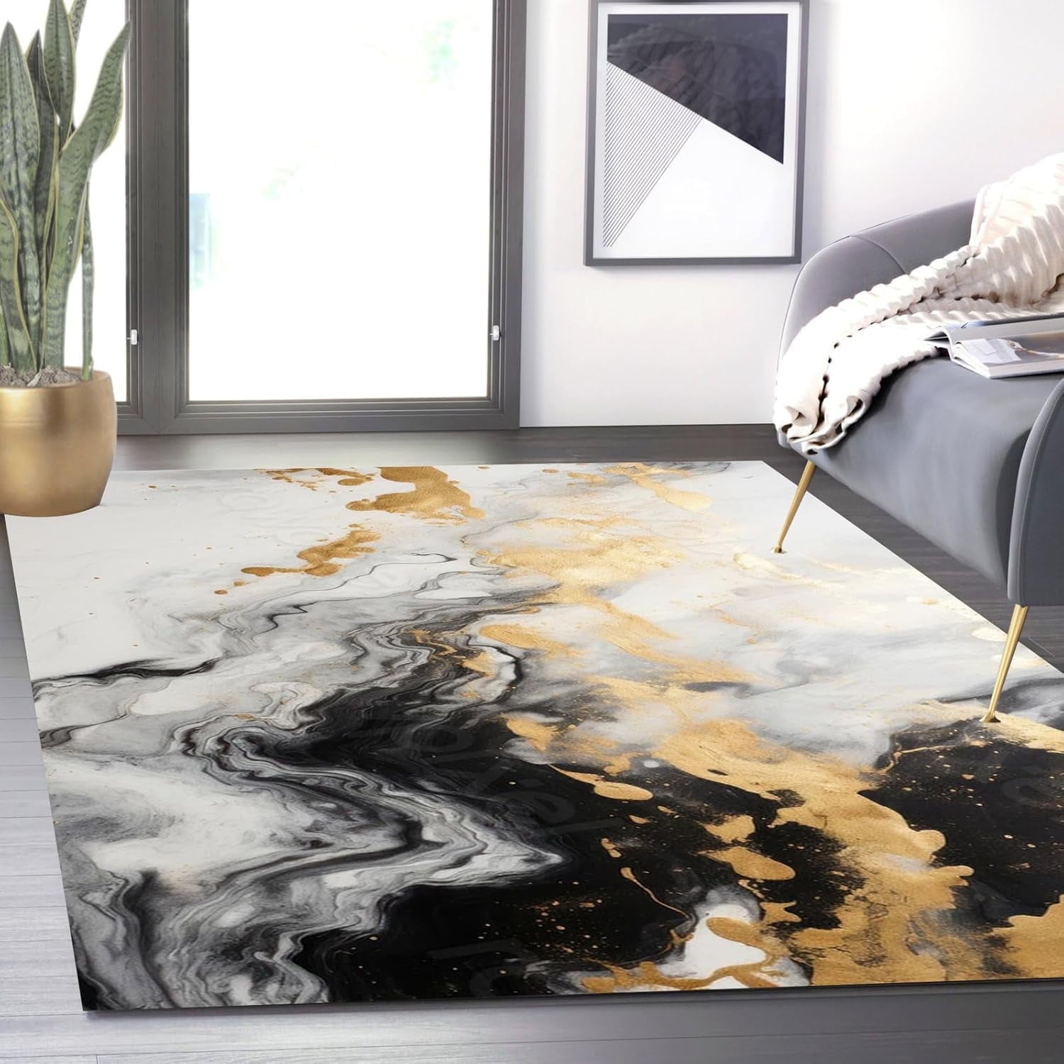 Modern Contemporary Aesthetics Black Grey Gold Marble Abstract Area Rug ...