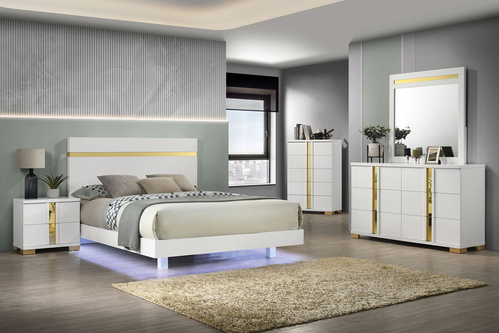 Modern Contemporary White Wooden 6pc Bedroom Set Full Size Bed Dresser ...