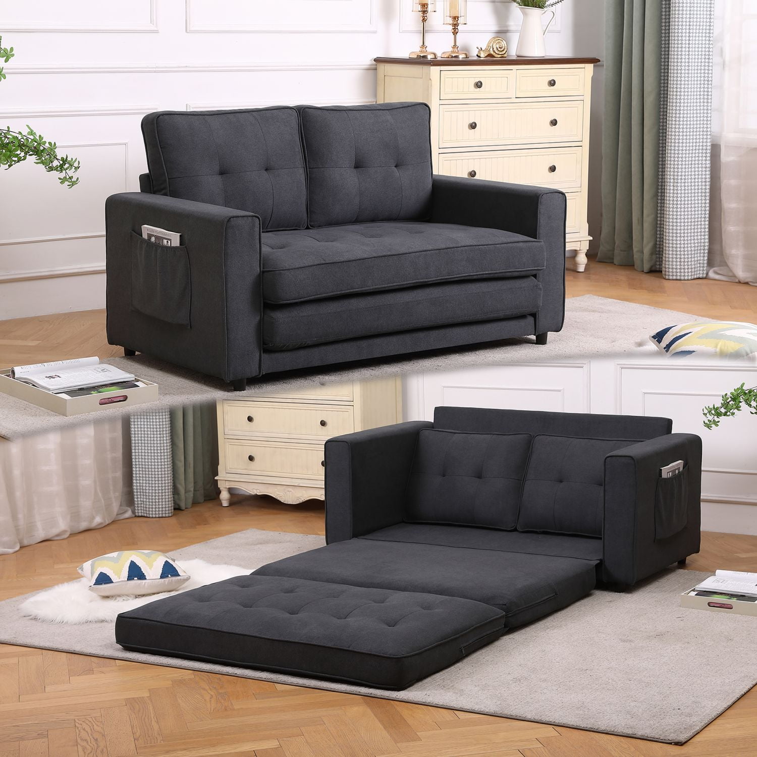 Modern Convertible Comfy Fabric Sleeper Sofa 3-in-1 Pull Out Bed ...
