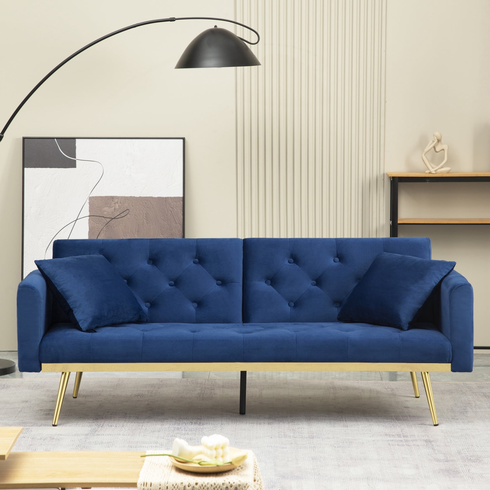 Modern Convertible Futon Sofa Bed, Velvet Loveseat Couch with 2 Pillows ...