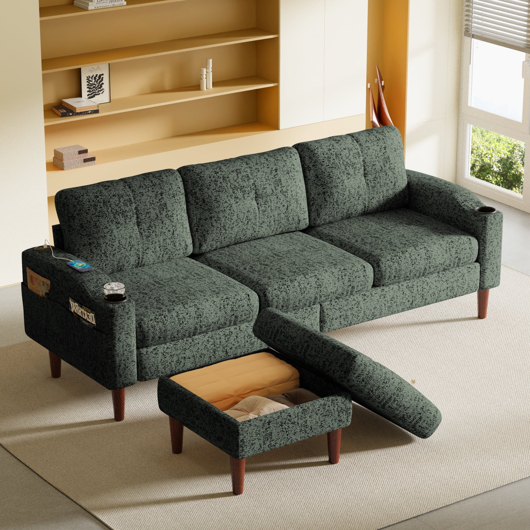 Modern Convertible L-Shaped Sofa with Storage Footstool, 3-Seater Space ...
