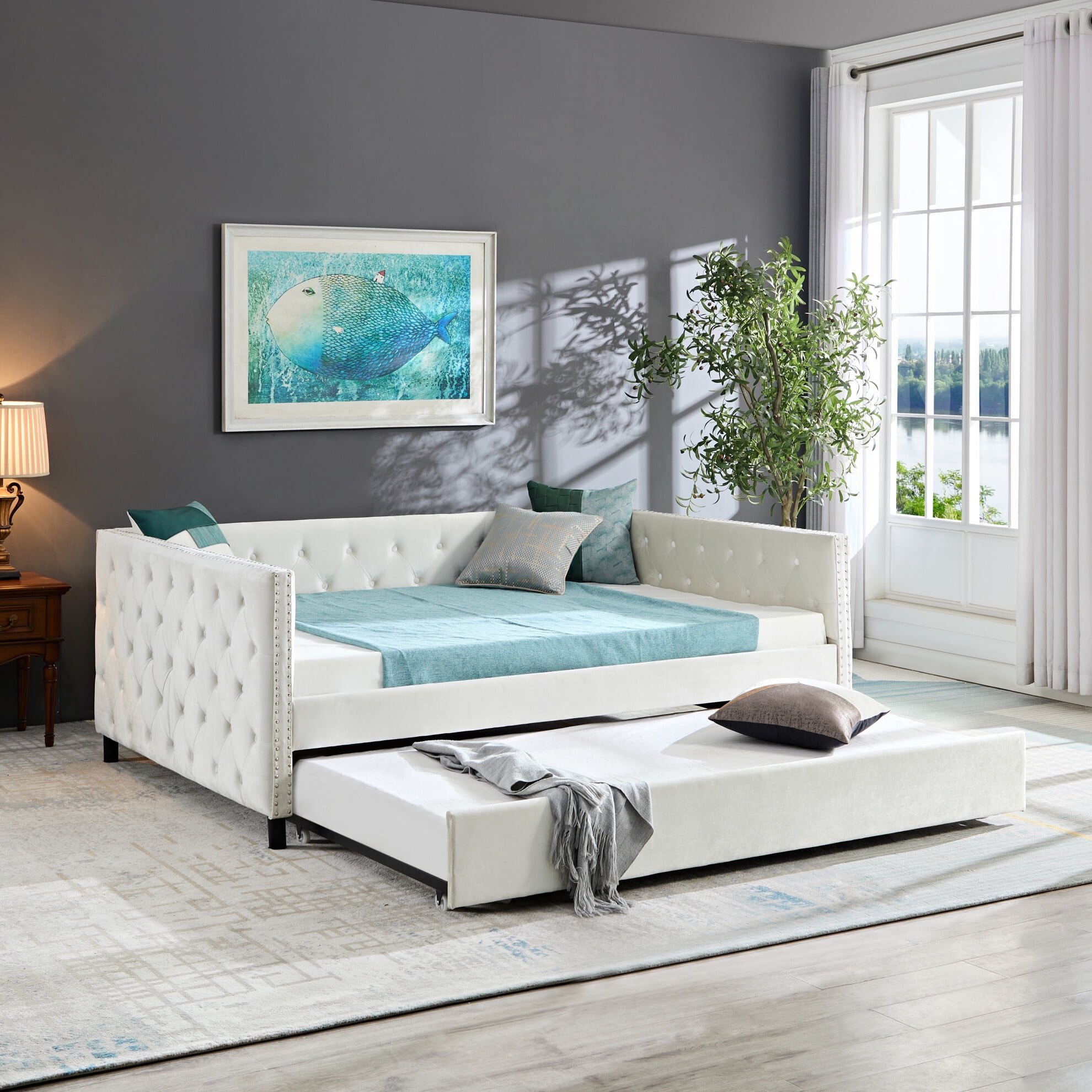 Modern Convertible Sofa bed with Pull-out Trundle,Velvet Upholstered ...
