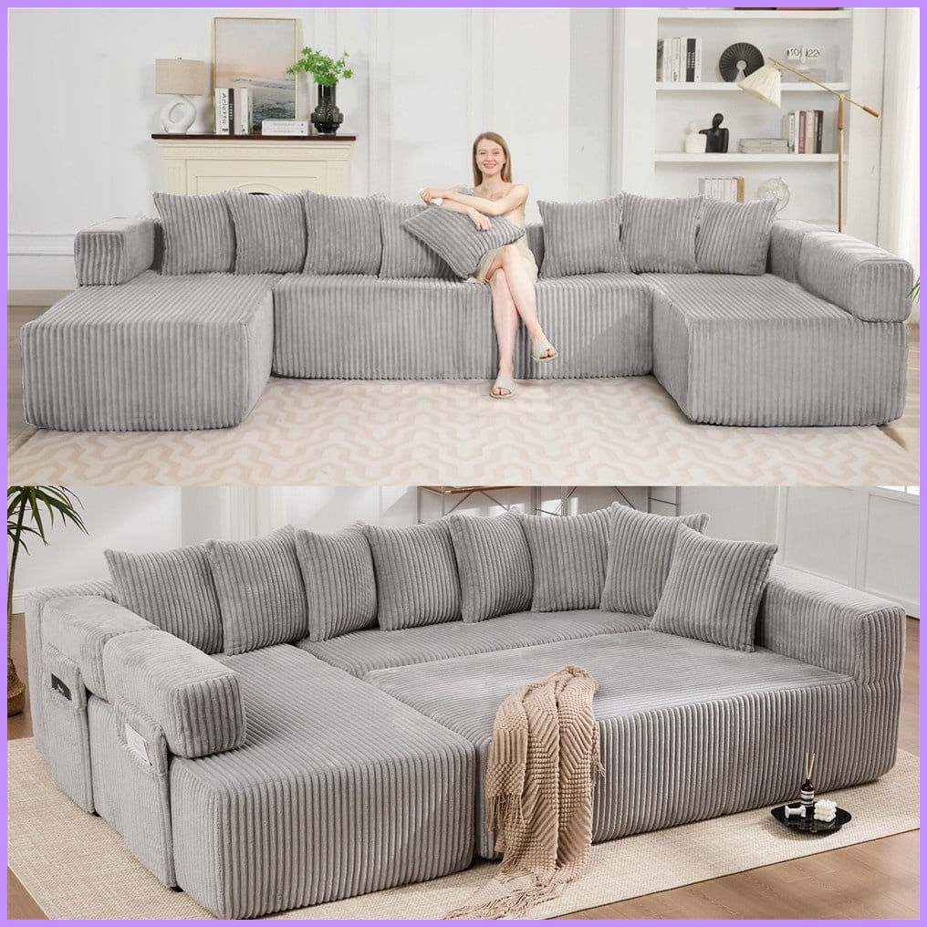 Modern Corduroy 146'' U-Shaped Sectional - 5-Seater Convertible Sleeper ...