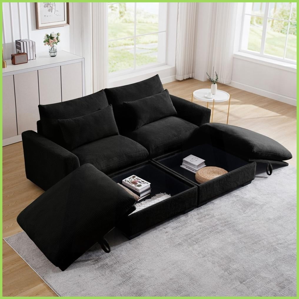 Modern Corduroy 2-Seater Sofa with Storage Footrest – Deep, Cozy Seat ...
