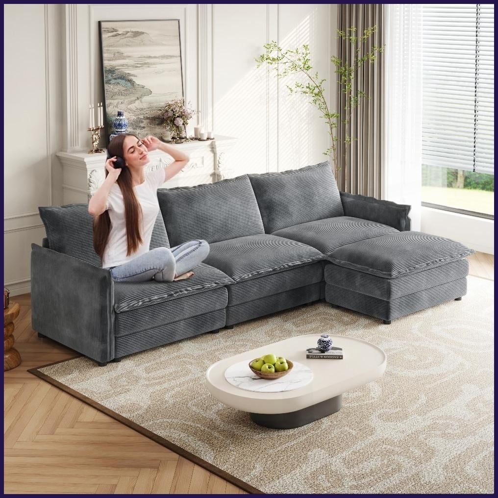 Modern Corduroy 3-Seater L-Shaped Couch with Movable Footrest for ...