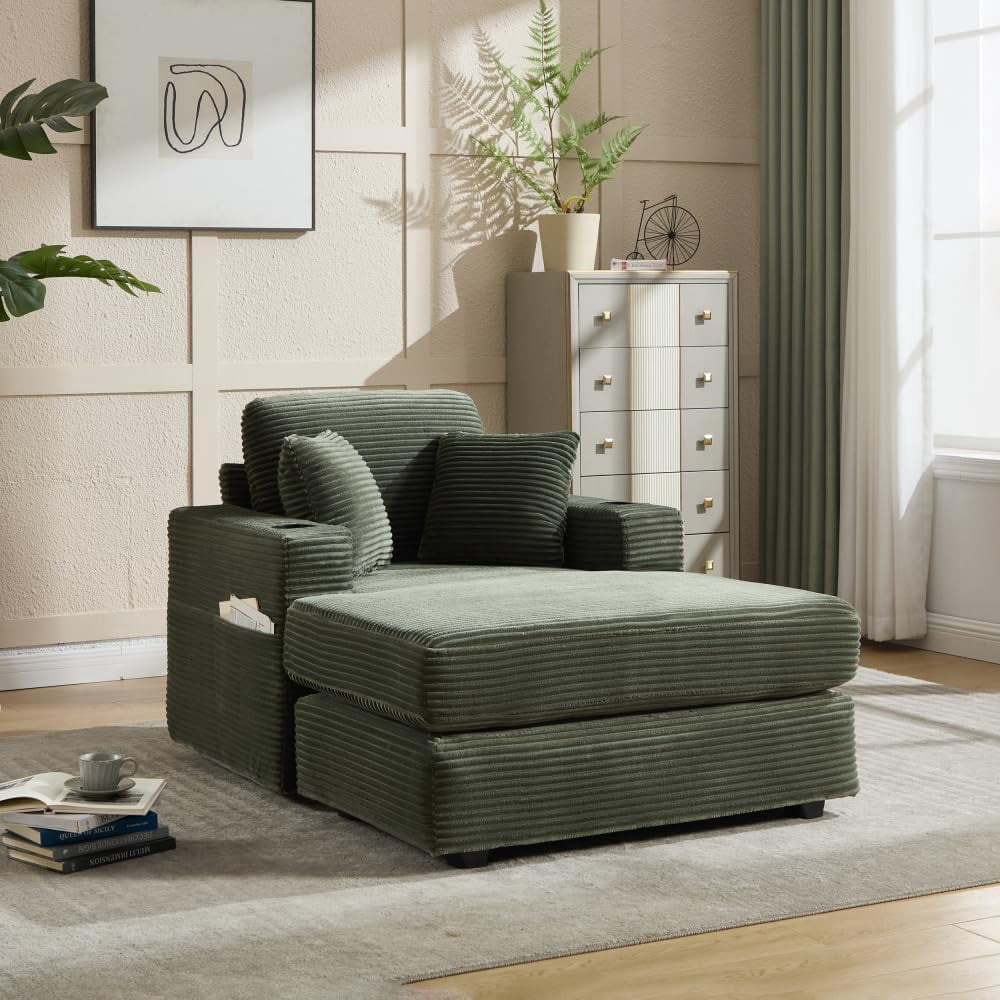 Modern Corduroy Chaise Lounge Sofa with Cup Holders, Oversized Ribbed ...