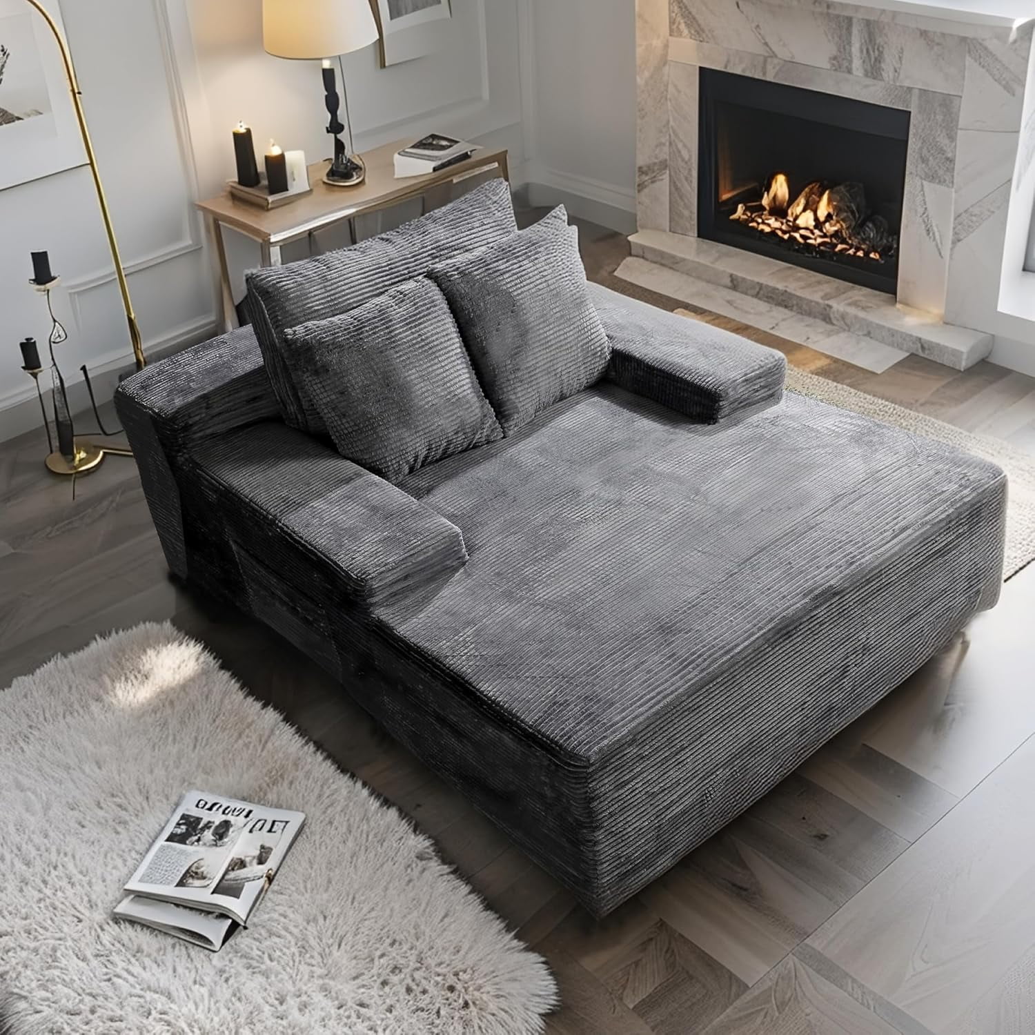 Modern Corduroy Sectional Sofa Chaise, Grey L-Shaped Couch with Storage ...