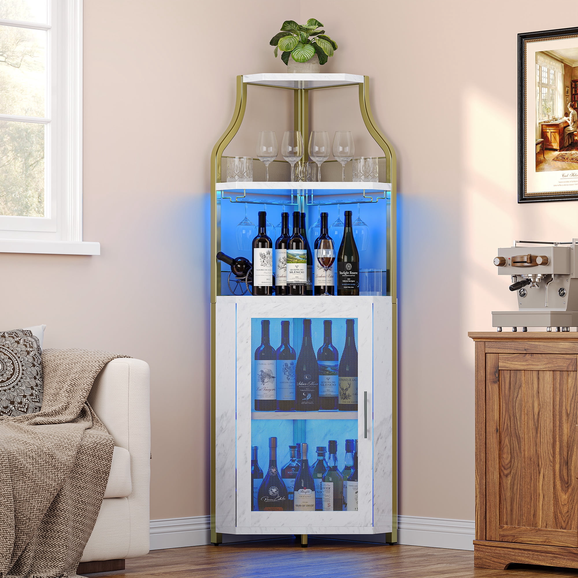 Modern Corner Bar Cabinet with LED Lights, 5-Tier Wine & Liquor Storage ...