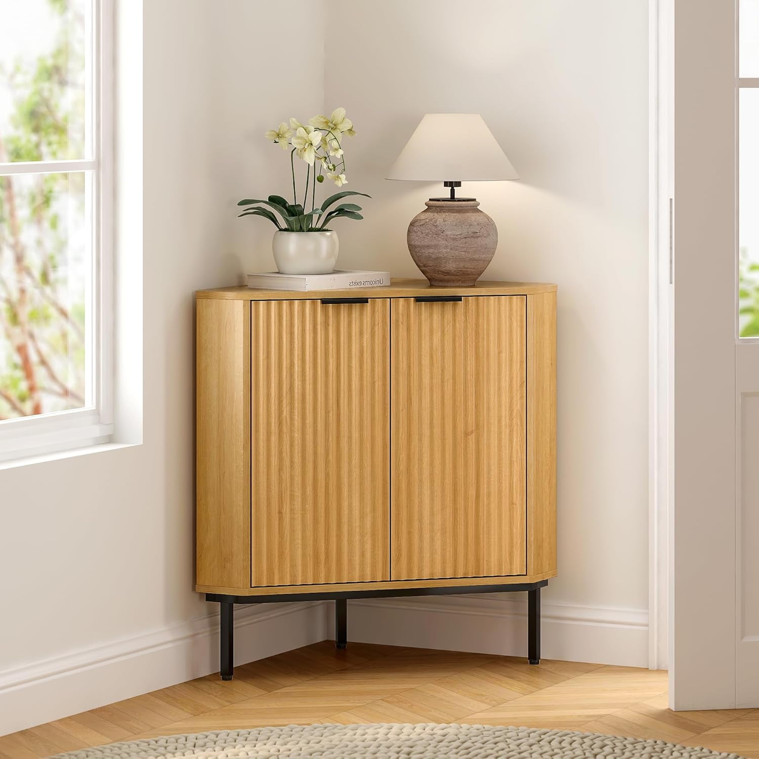 Modern Corner Cabinet, Fluted Small Floor Storage Cabinet with ...
