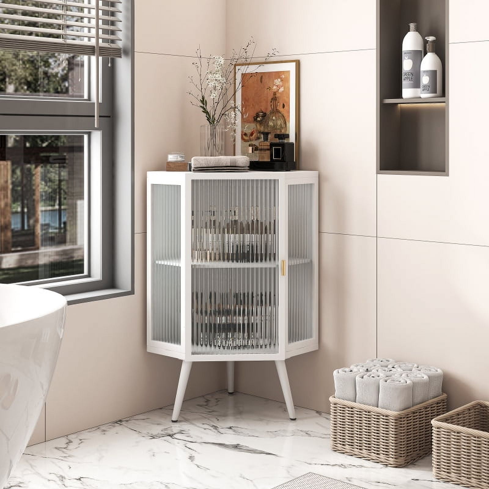Modern Corner Cabinet with Tempered Glass Doors & Storage Shelves ...