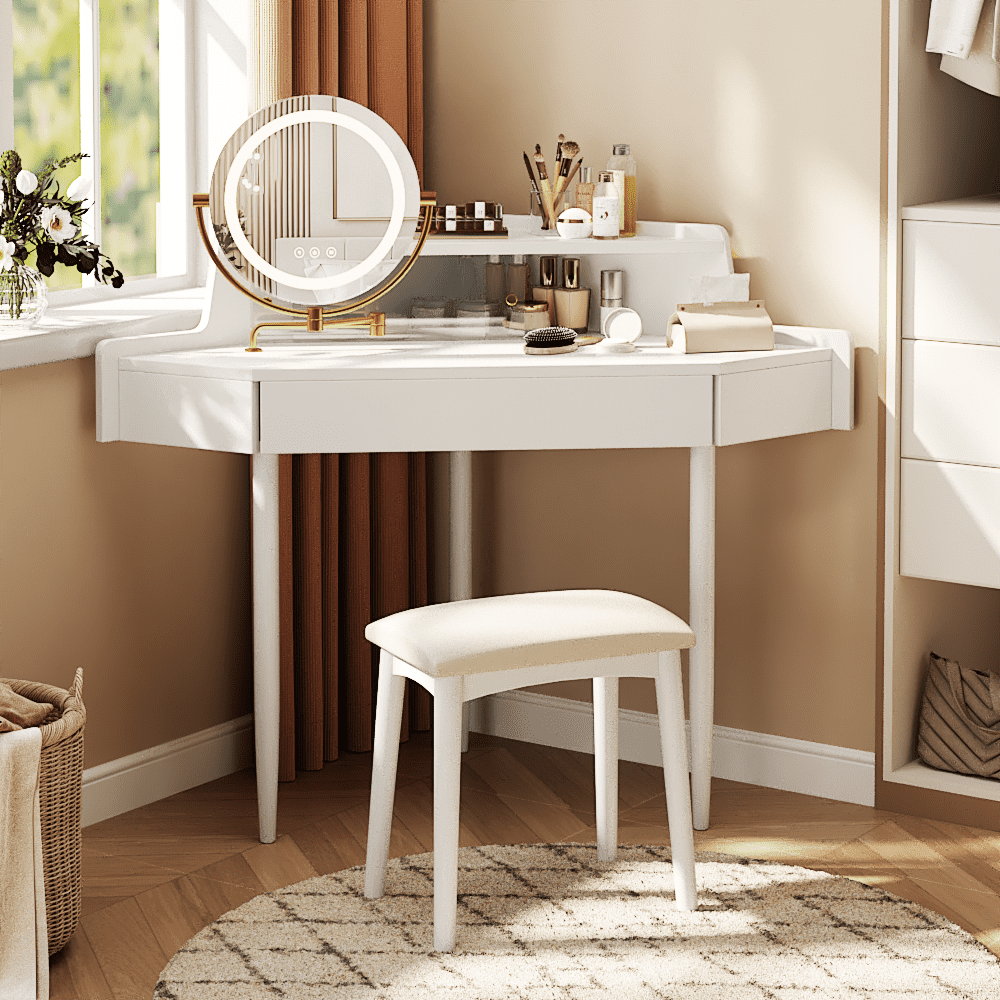 Modern Corner Makeup Vanity Desk with Large Storage, LED Mirror & Stool ...