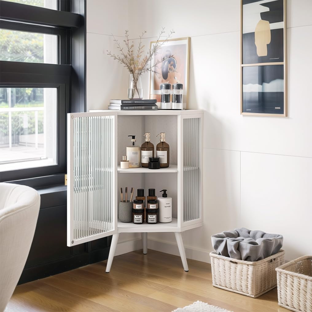 Modern Corner Storage Cabinet with Tempered Glass Doors, Accent Corner ...