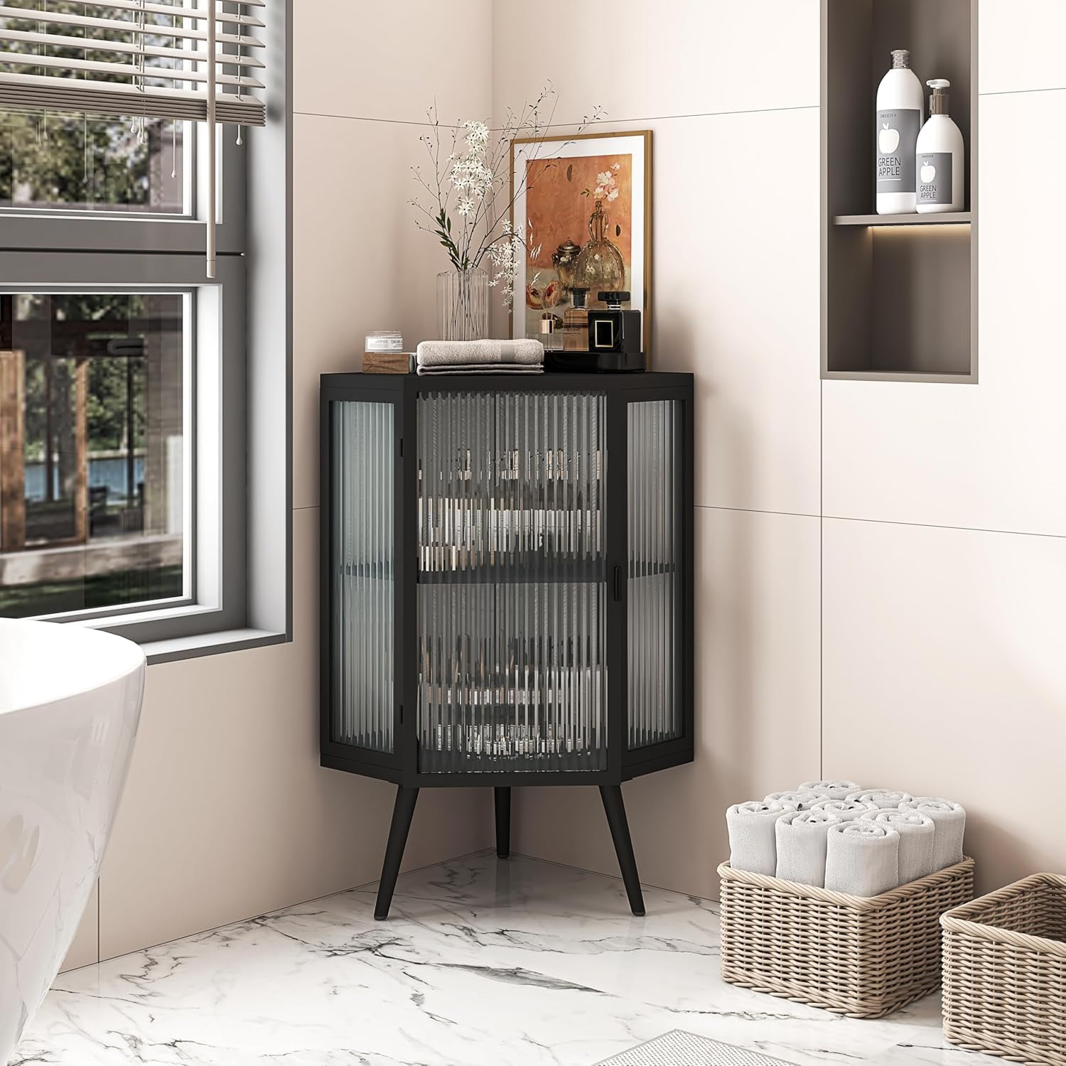 Modern Corner Storage Cabinet with Tempered Glass Doors and Storage ...