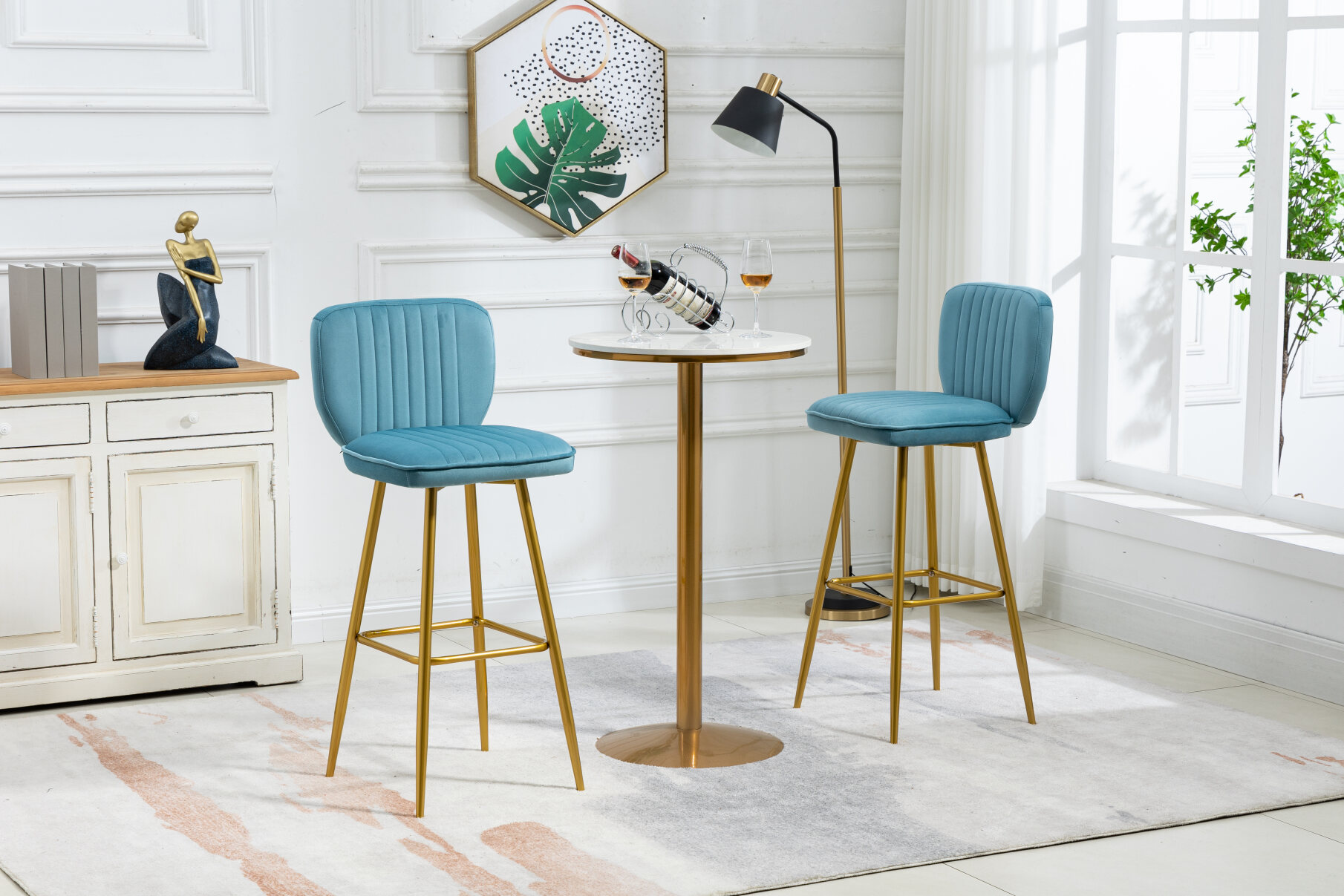 Modern Counter Height Bar Chairs Set of 2 with Gold Footrest, Velvet ...