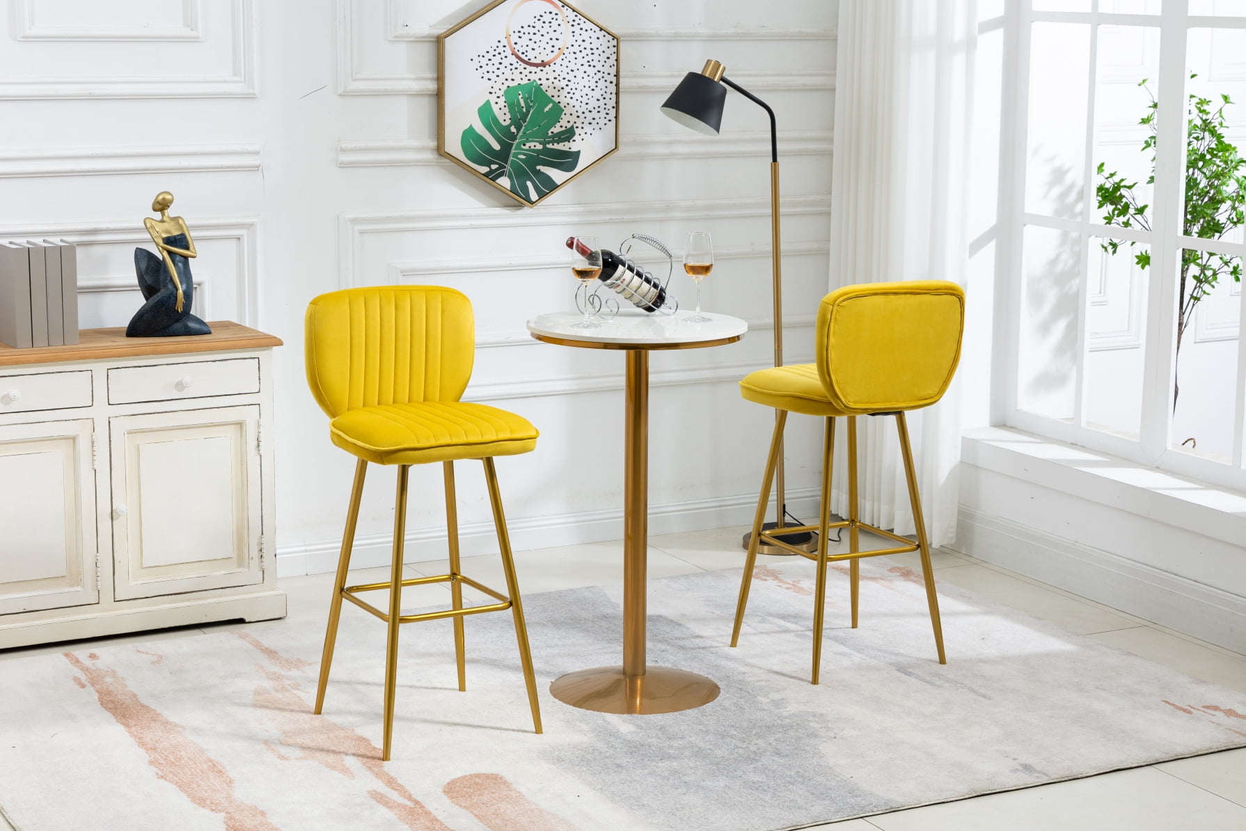 Modern Counter Height Bar Chairs tSet of 2 with Gold Footrest, Velvet ...