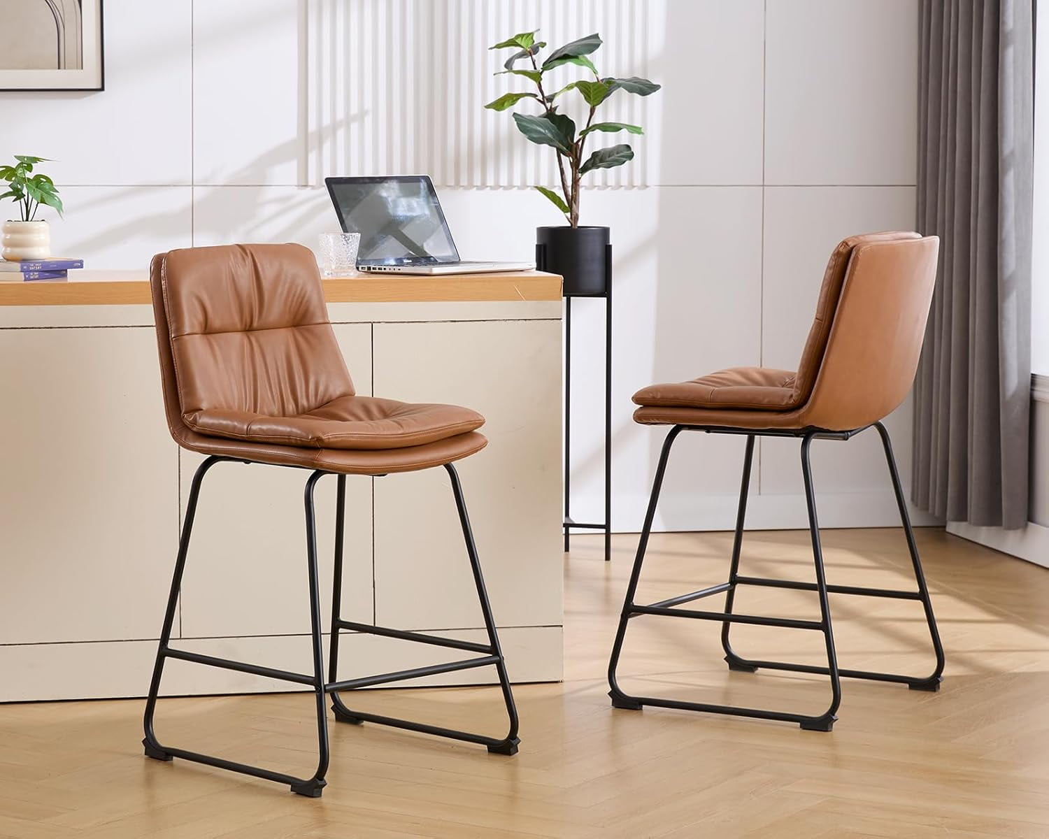 Modern Counter Height Bar Stools Set of 2, 25.75 Inch Brown Leather Bar ...