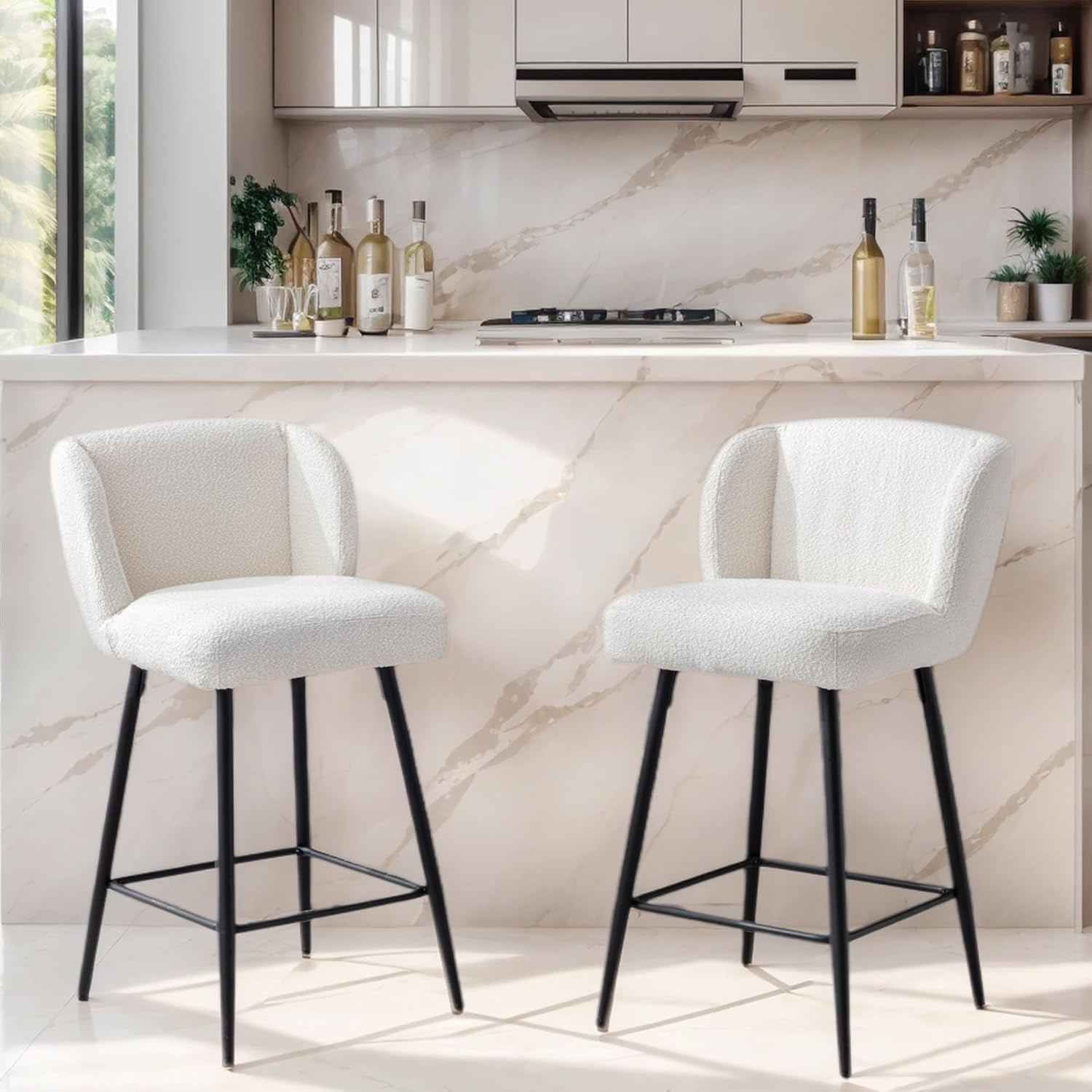 Modern Counter Height Bar Stools Set of 2, 26 Inch Faux Sherpa ...