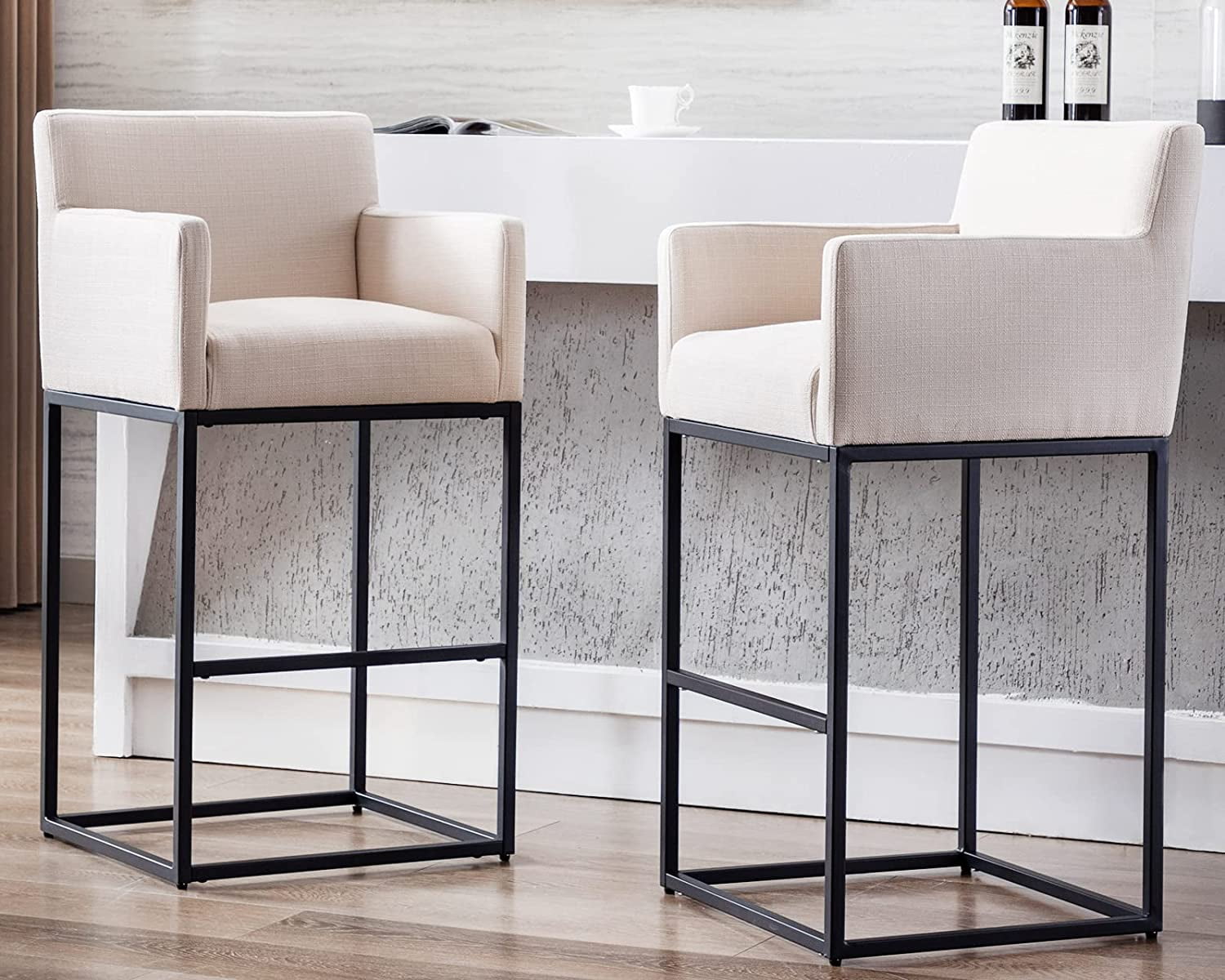 Modern Counter Height Bar Stools Set of 2, Linen Fabric Upholstered Bar ...