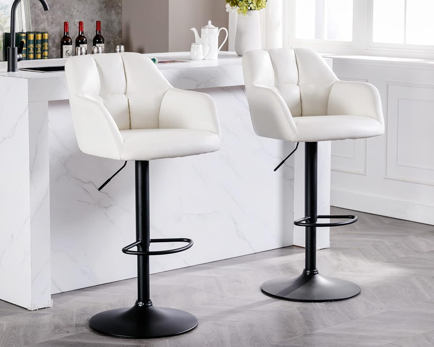 Modern Counter Height PU Leather Bar Stools Set of 2, Barrel Swivel ...