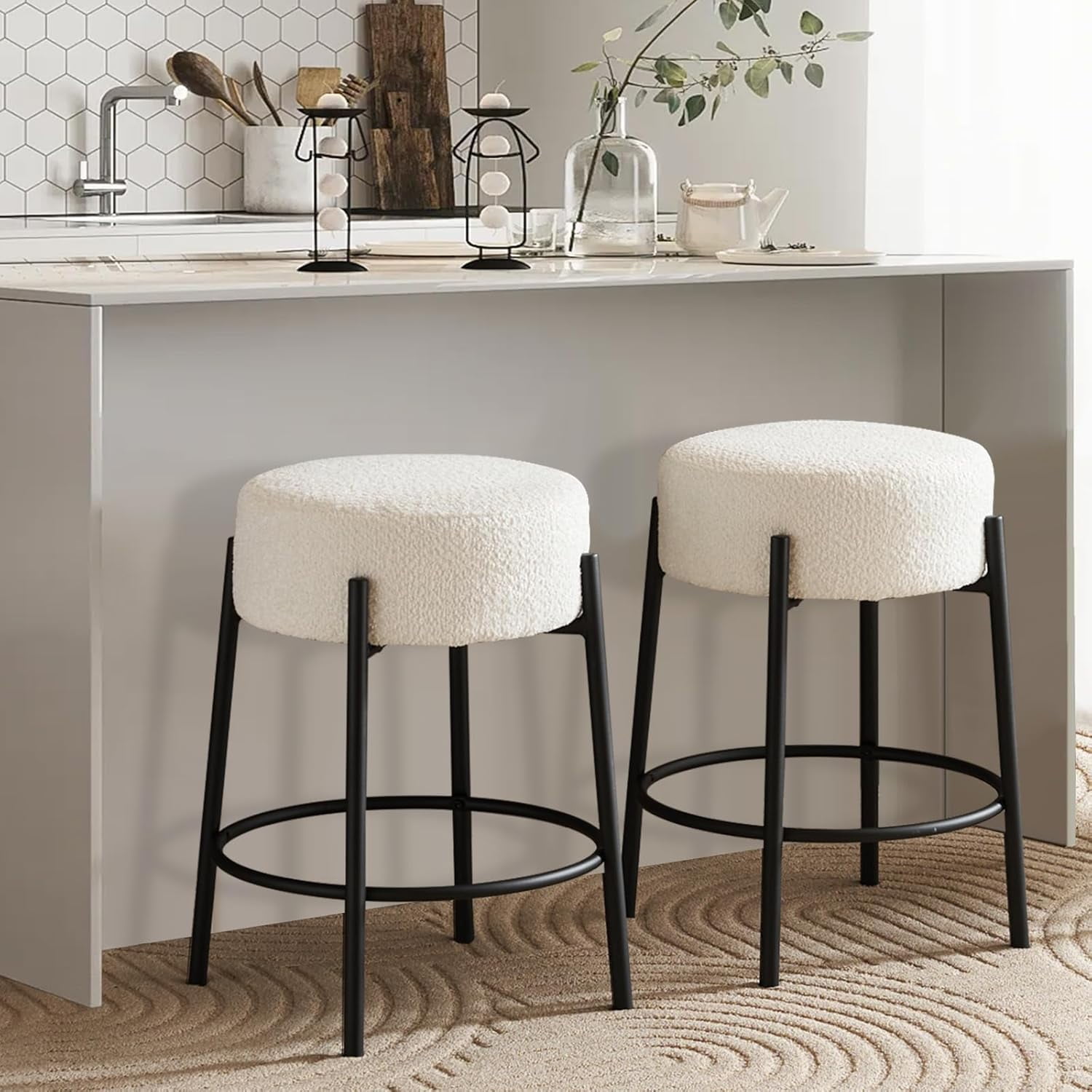 Modern Counter Height Stools | with Soft Padded Boucle Backless Seat ...