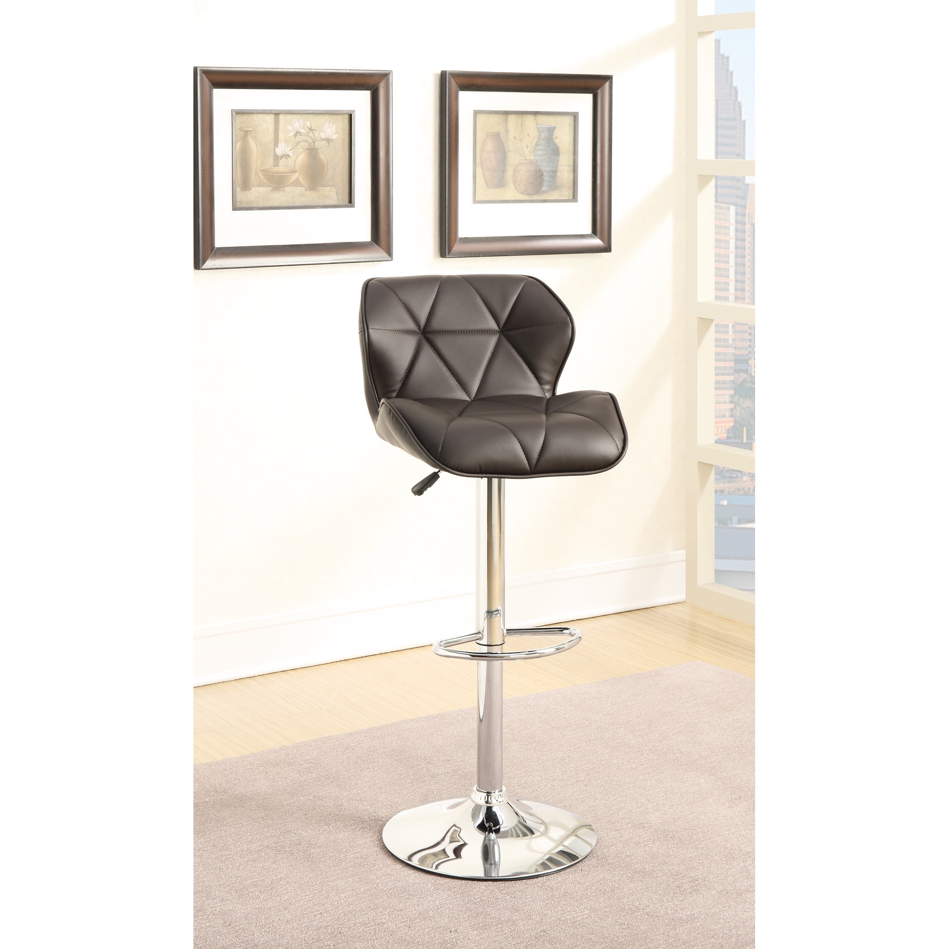 Modern Counter Stools Of 2, Brown Faux Leather, Adjustable Gas Lift ...