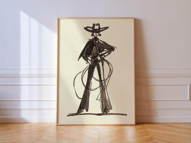 Modern Cowgirl Sketch Print: Brown Ink Western Art 12x18 UNFRAMED ...