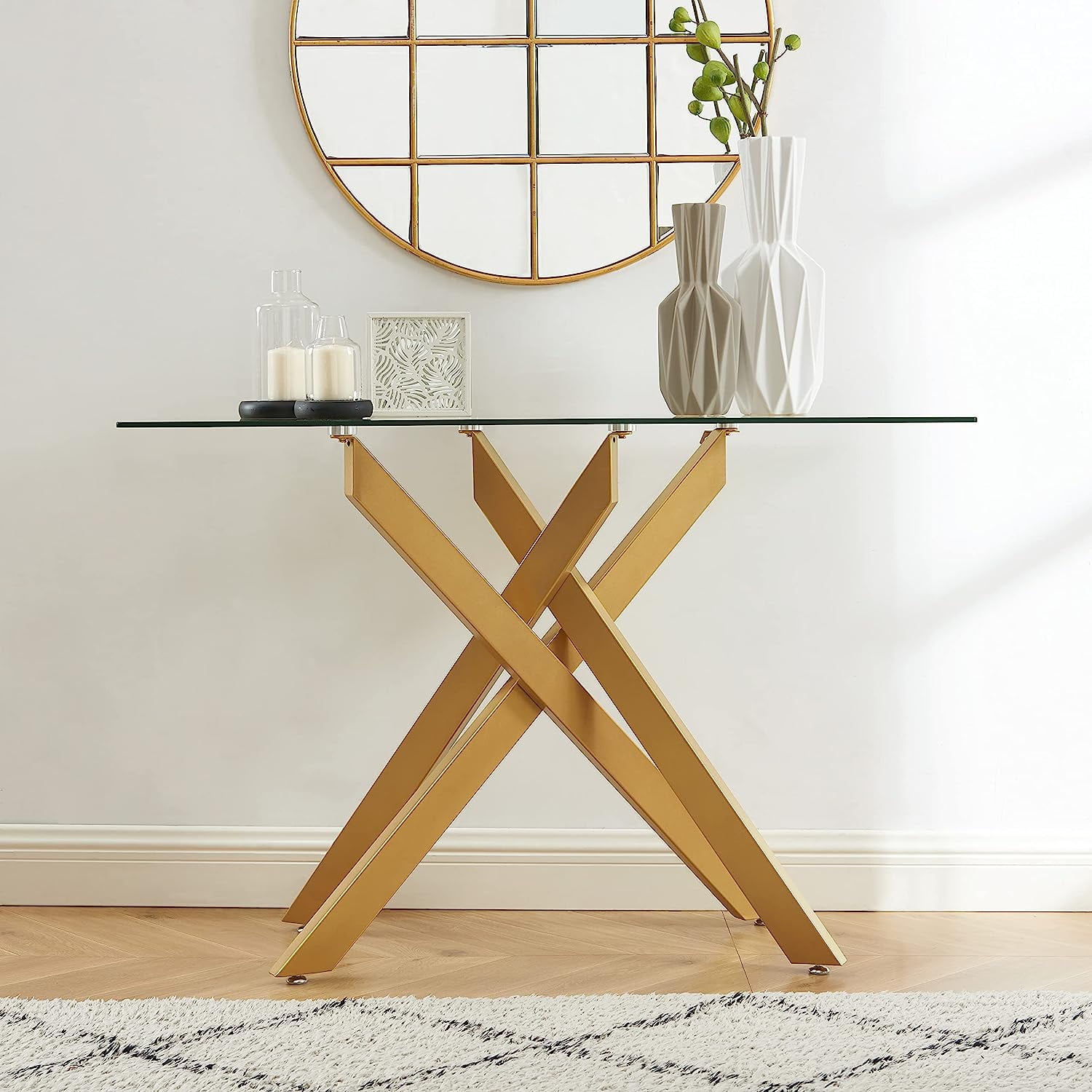 Modern Cross-Leg Console Table with 8mm Tempered Glass - Gold Geometric ...