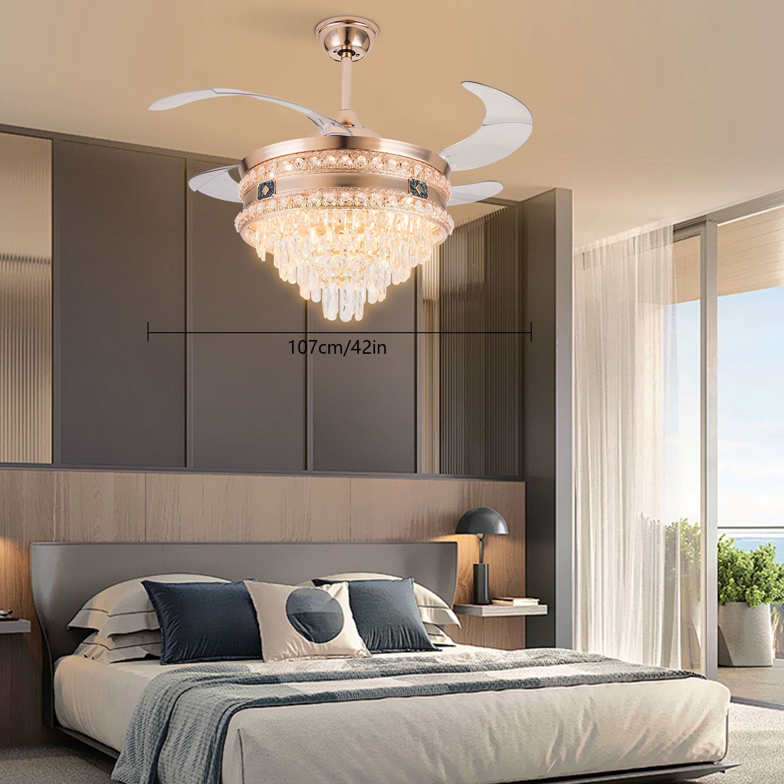 Modern Crystal Ceiling Fan Light Chandelier with Remote 3-Color LED ...