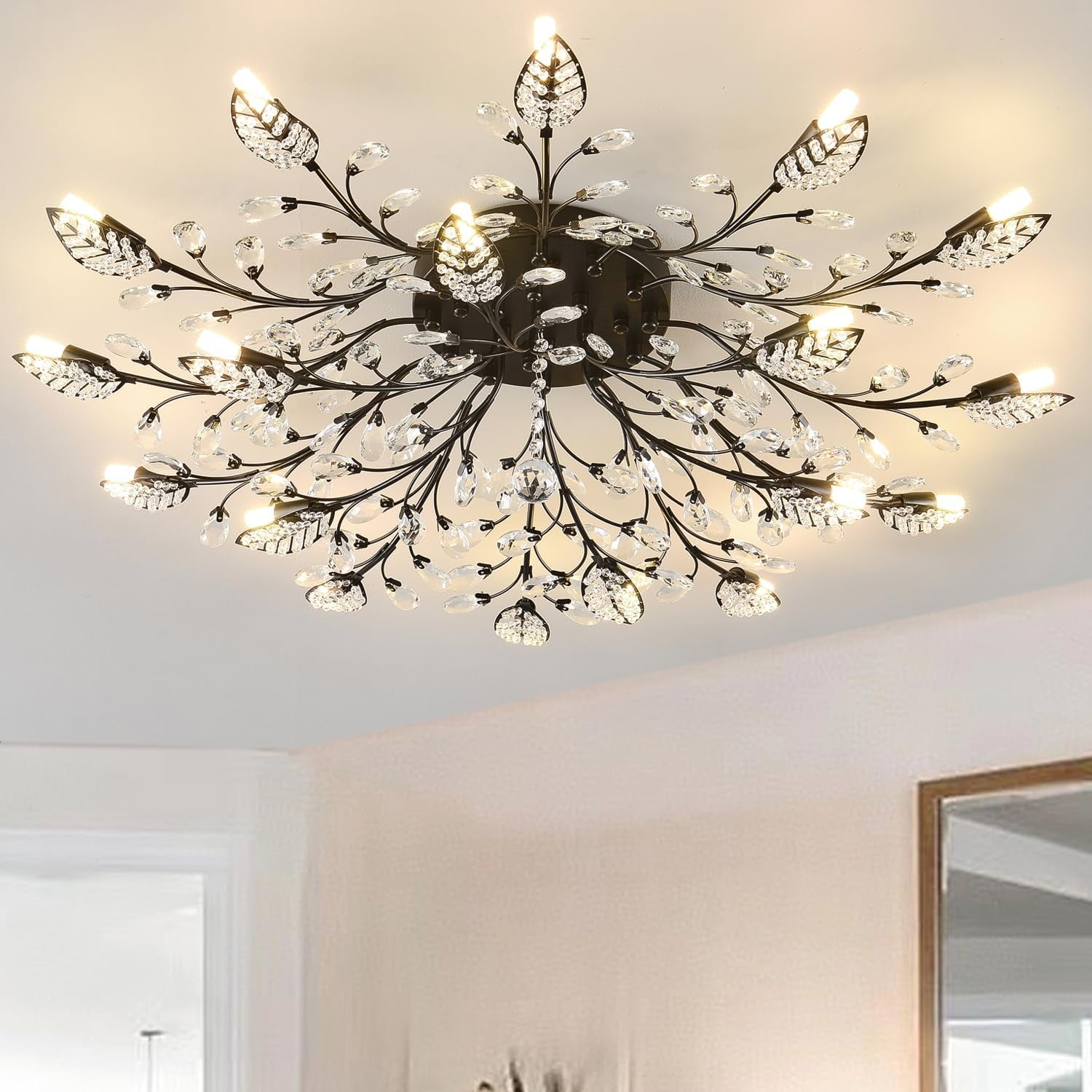 Modern Crystal Ceiling Light Fixture,Semi Flush Mount Chandeliers,Crystal Leaf Ceiling Light ...