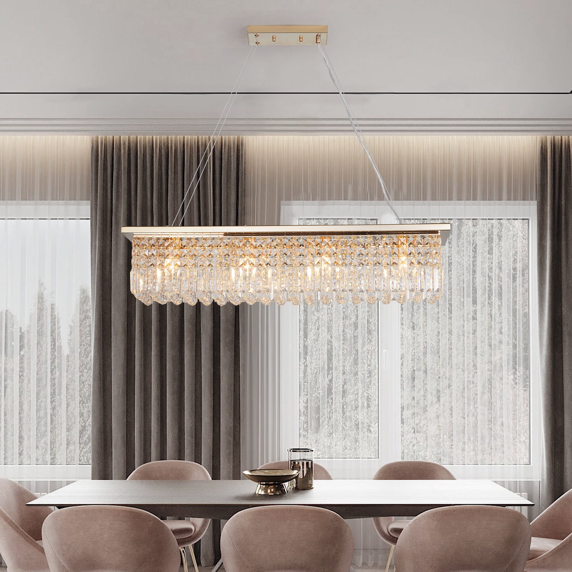 Modern crystal chandelier for dining room 8-light gold rectangle ...