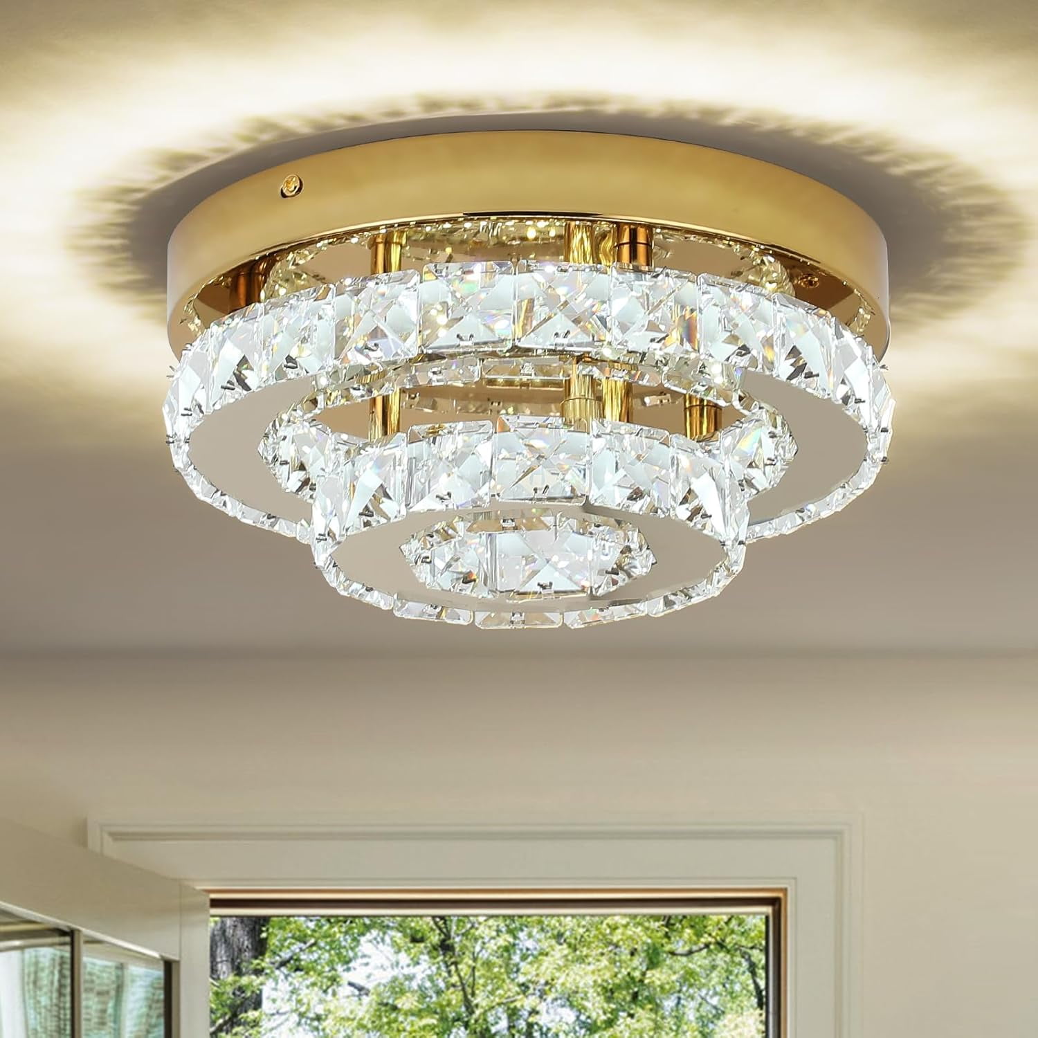 Modern Crystal Chandelier Gold Flush Mount Ceiling Light Surface Mount ...