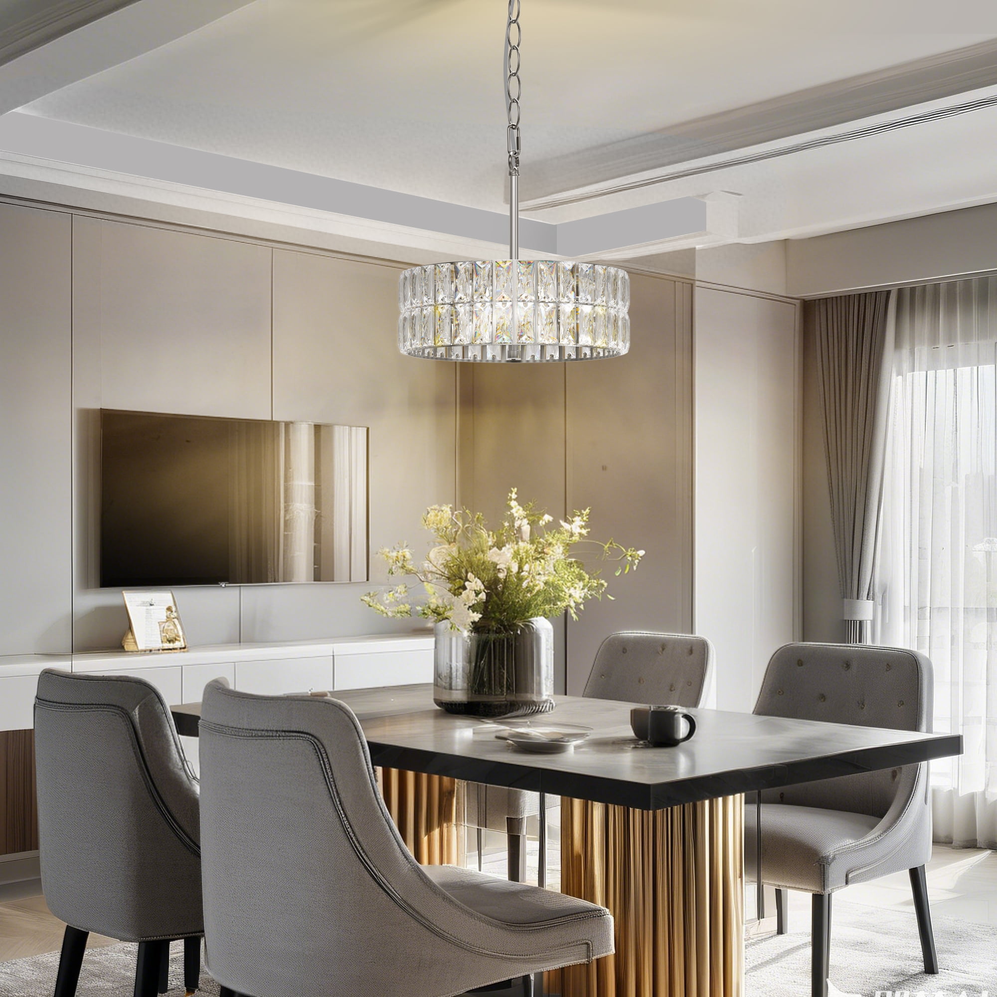 Modern Crystal Drum Pendant Light with Glass Diffuser - Chrome Finish ...