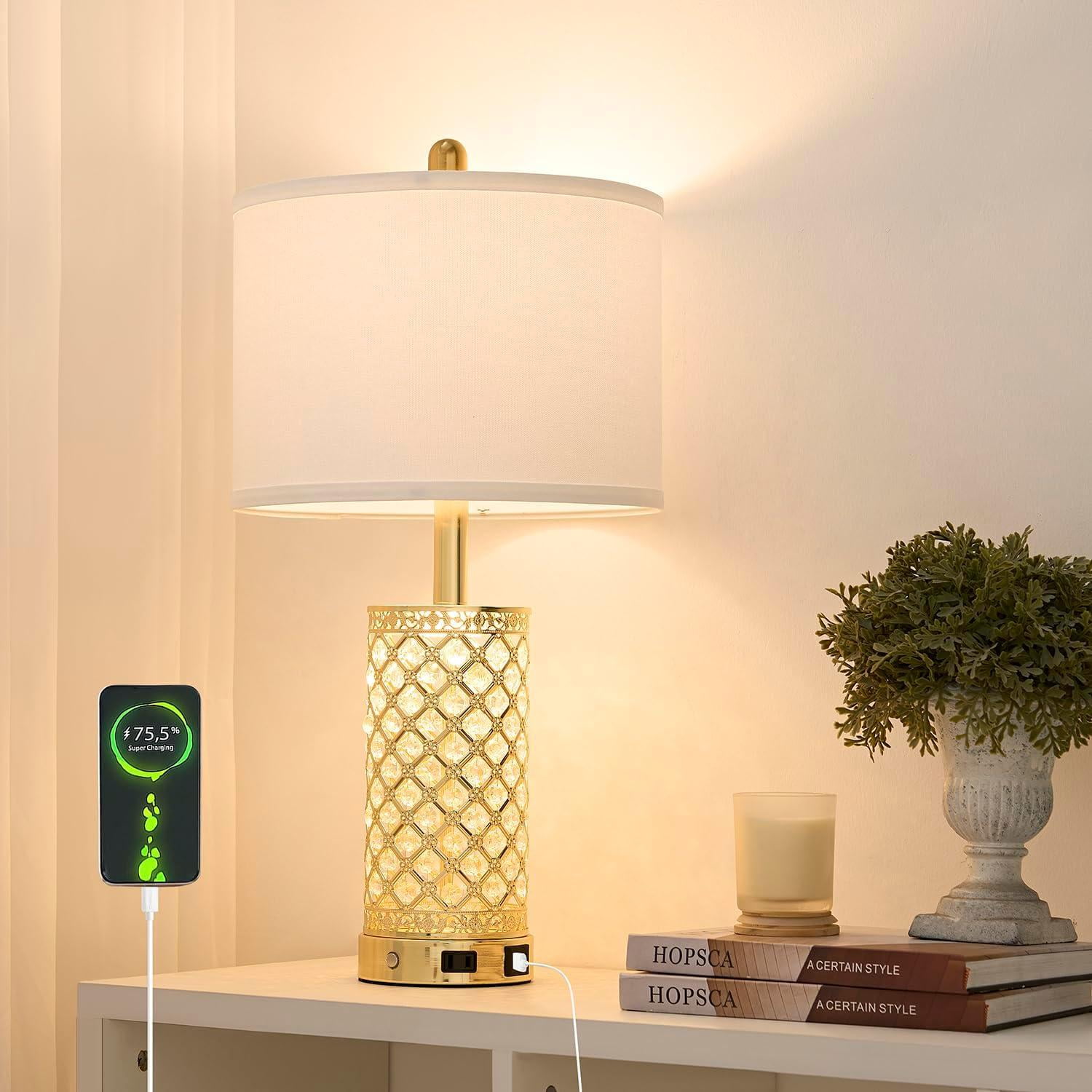 Modern Crystal Table Lamp - 24" Gold Bedroom Lamps 3-Way Dimmable Touch ...