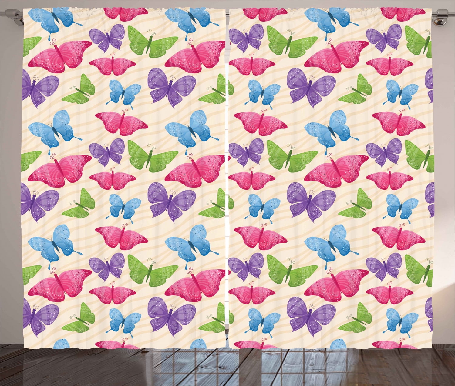 Ambesonne Cartoon Curtains 2 Panel Set, Butterflies on Wavy Lines, 108 ...