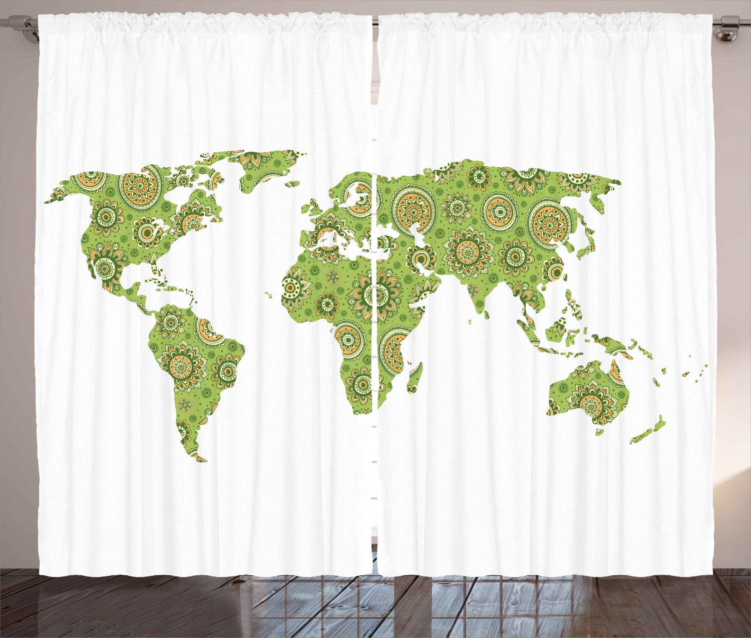 Ambesonne World Map Curtains 2 Panel Set, Mandala Style Chart View, 108 ...