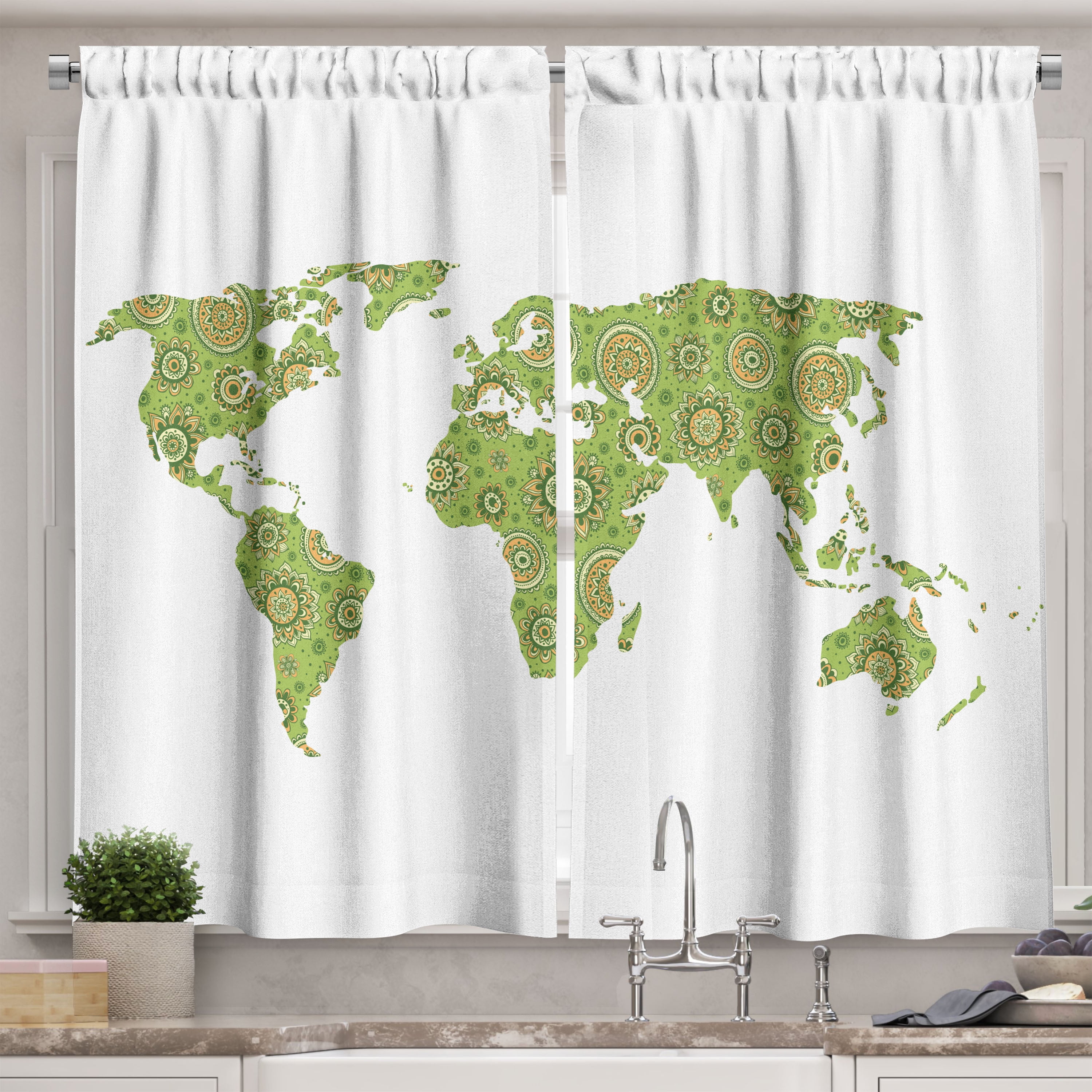 Modern Curtains 2 Panels Set, Ethnic Stylized World Map Chart ...
