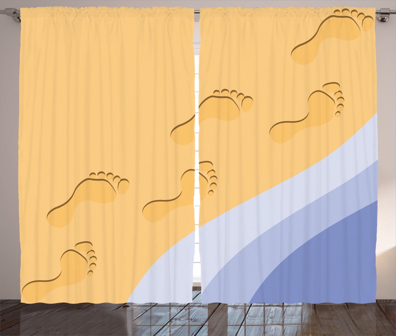 Modern Curtains 2 Panels Set, Footprints Sand Realistic Print Near ...