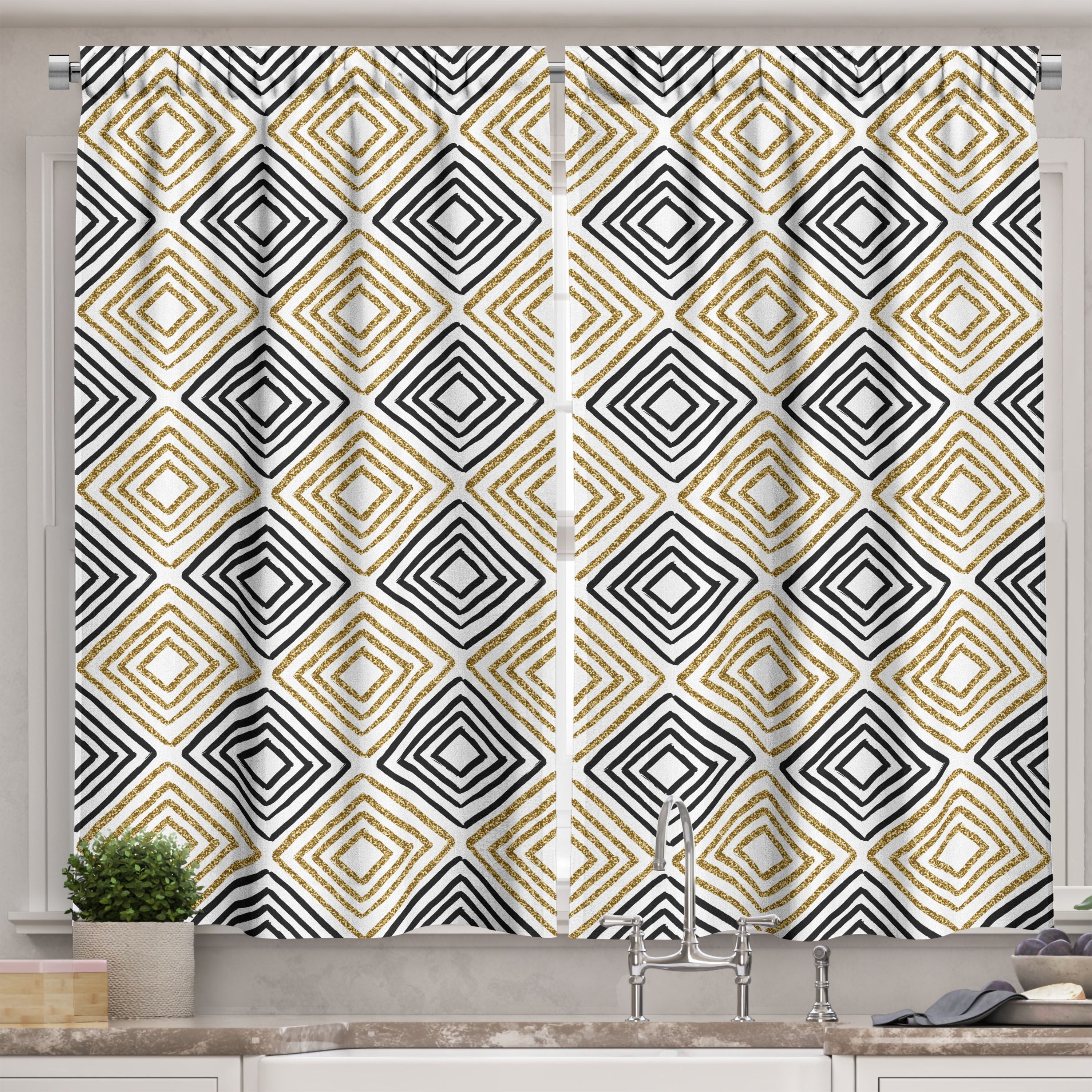 Modern Curtains 2 Panels Set, Square Shaped Lines with Inner Gold Toned ...