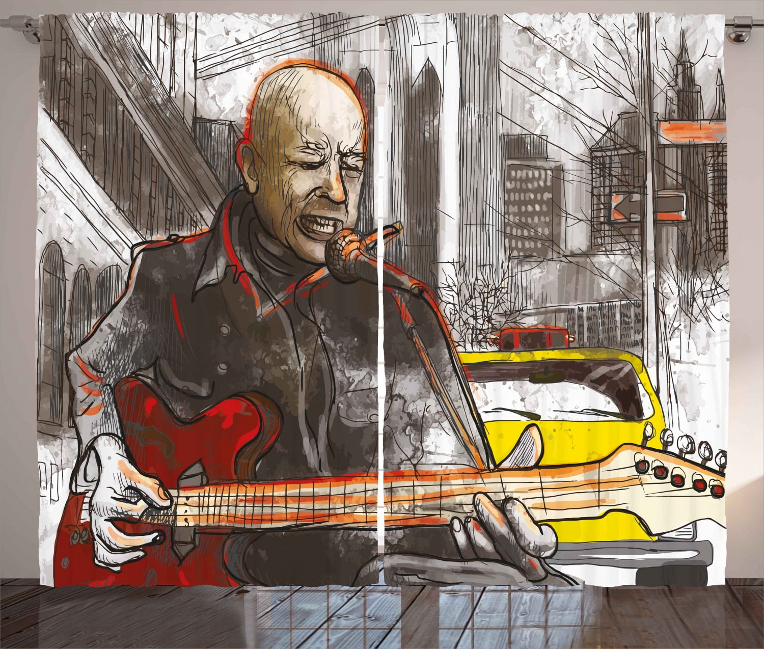 Modern Curtains 2 Panels Set, Street Musician Man Singing Playing ...