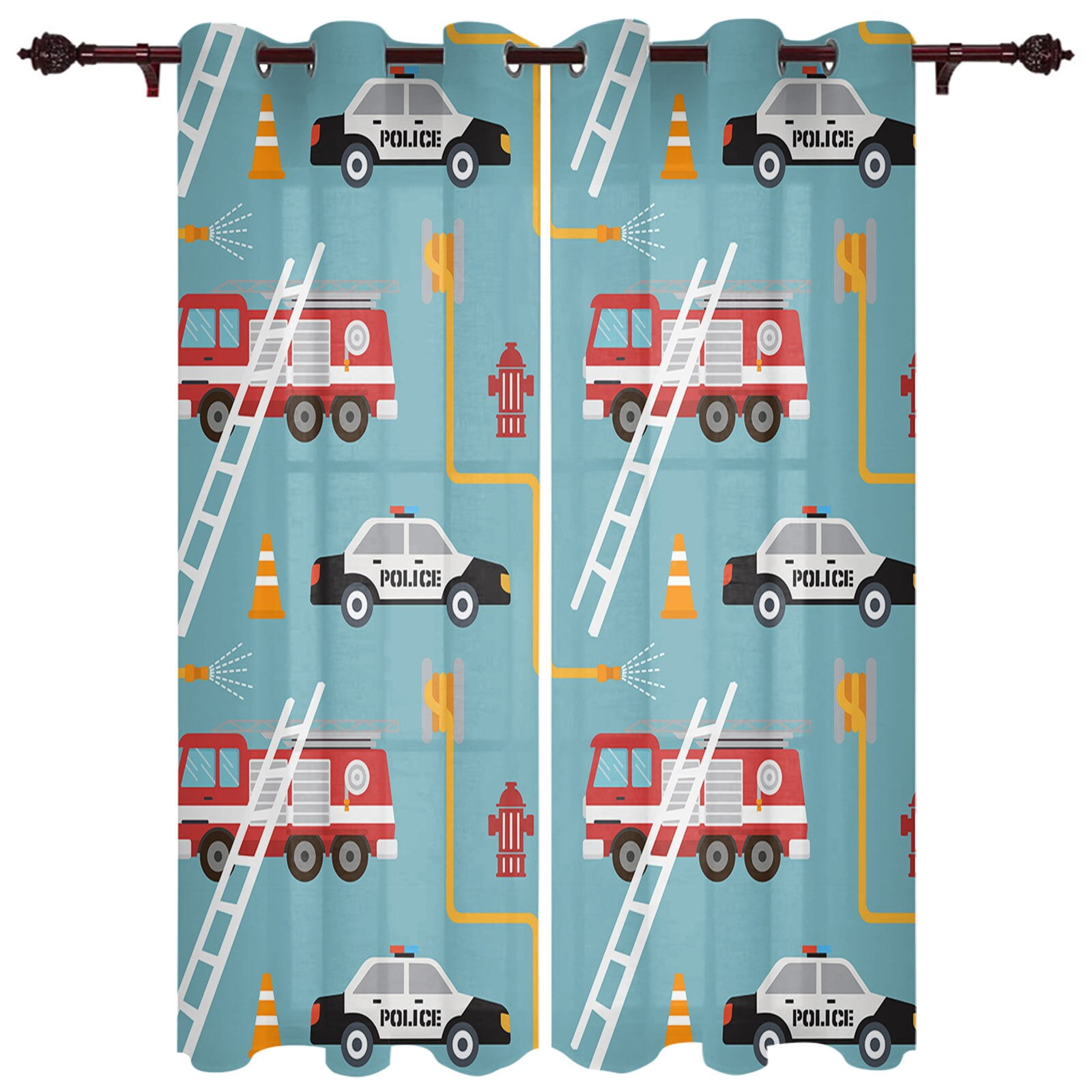 Modern Curtains Toy Car Police Car Fire Truck Baby Room Bedroom ...