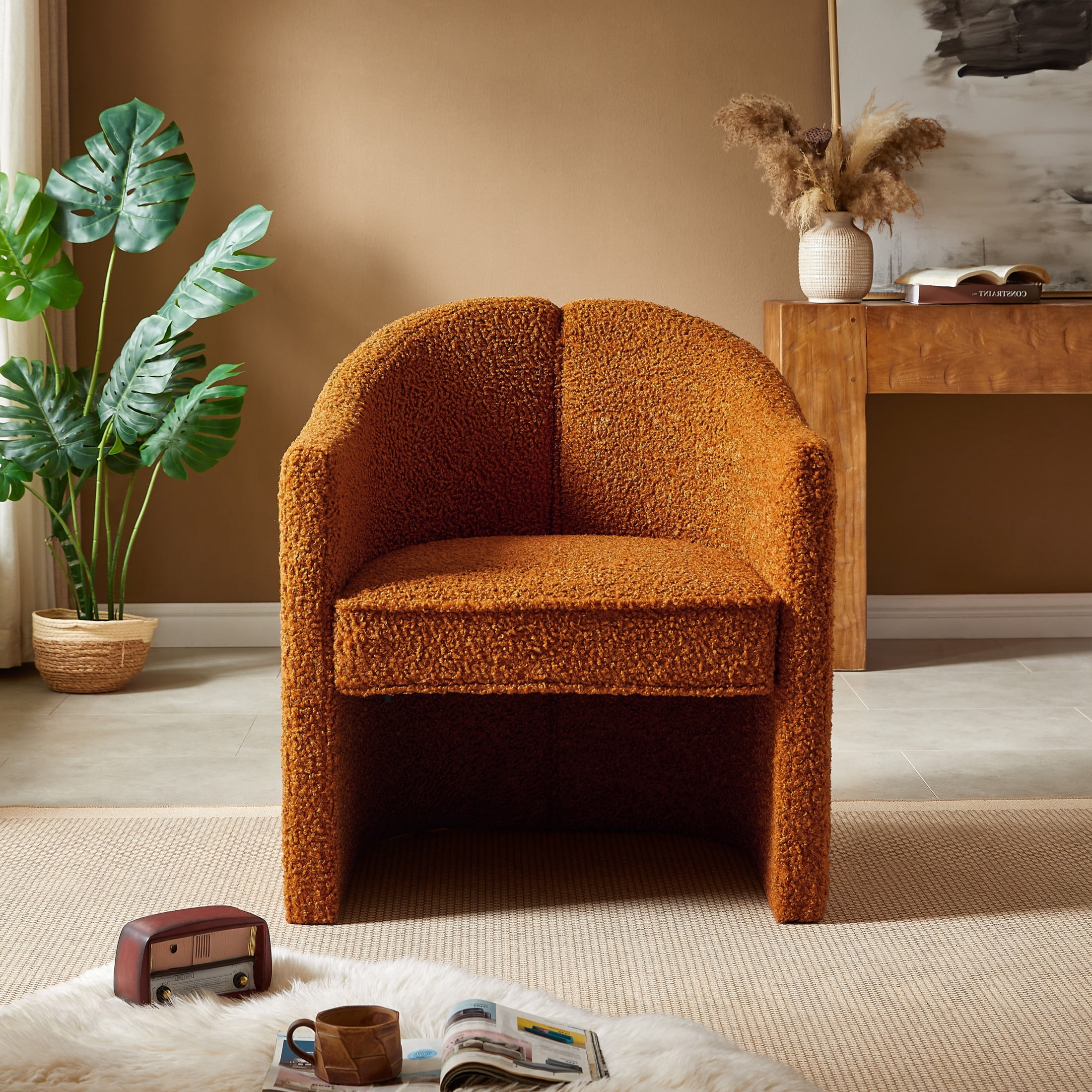 Curved Backrest Accent Chair - Plush Boucle Upholstery Caramel ...