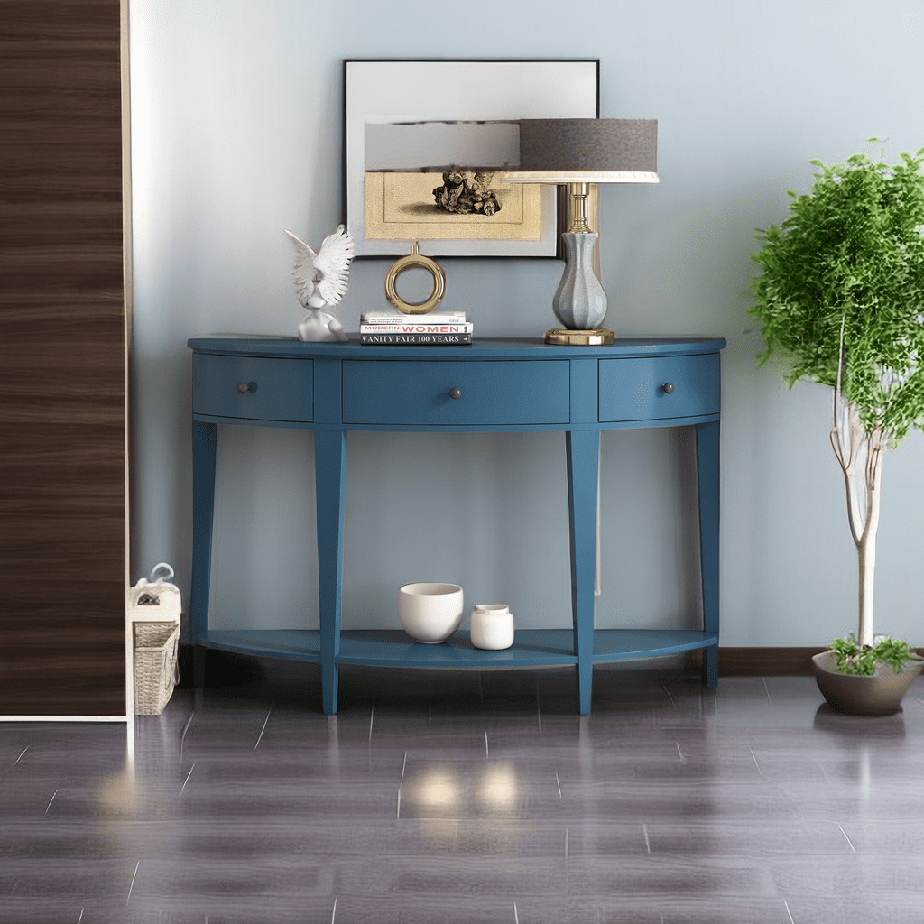 Modern Curved Console Table 51-Inch Half Moon Entry Sofa Table with Drawers and Open Storage ...