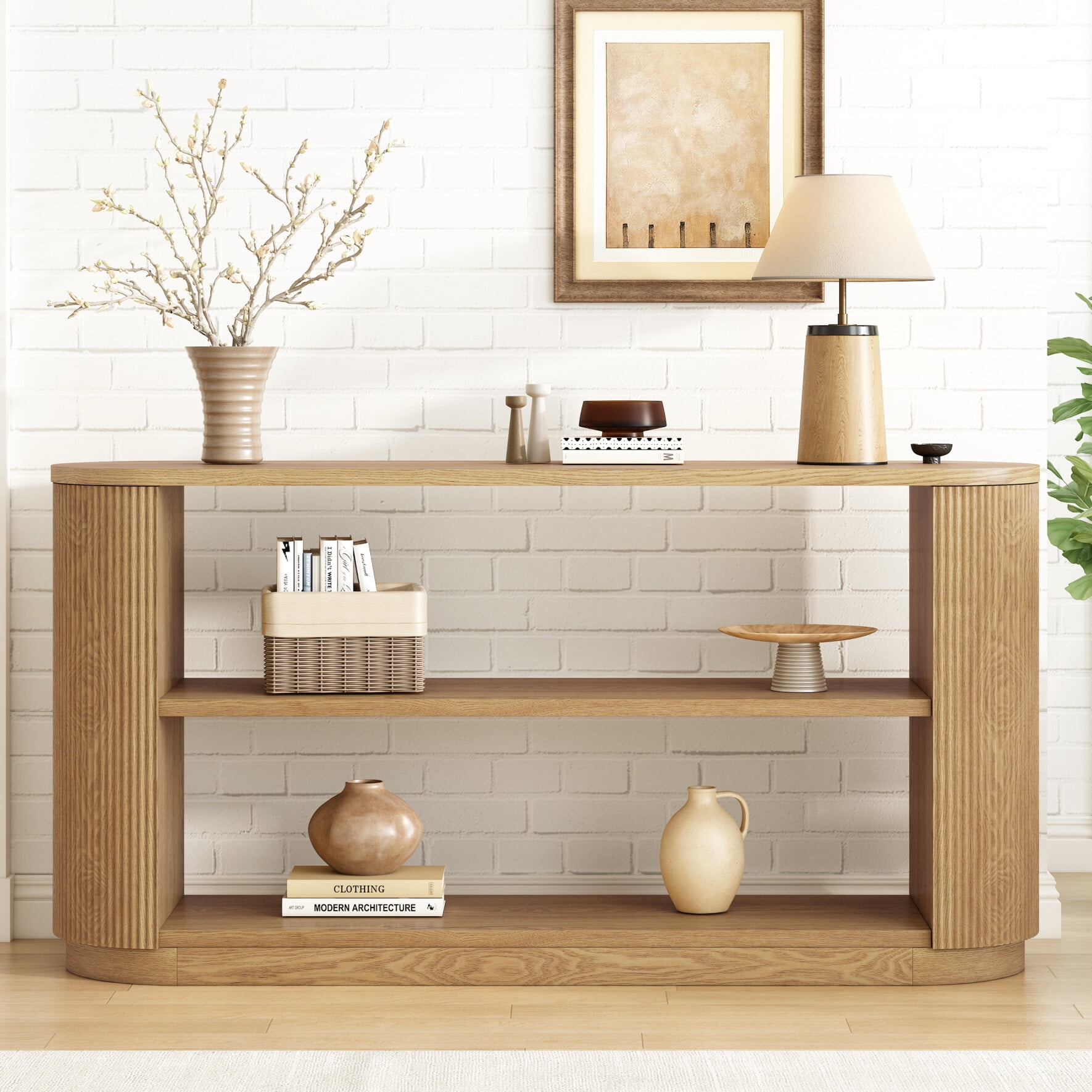Modern Curved Console Table for Entryway, Farmhouse Solid Wood Fluted ...