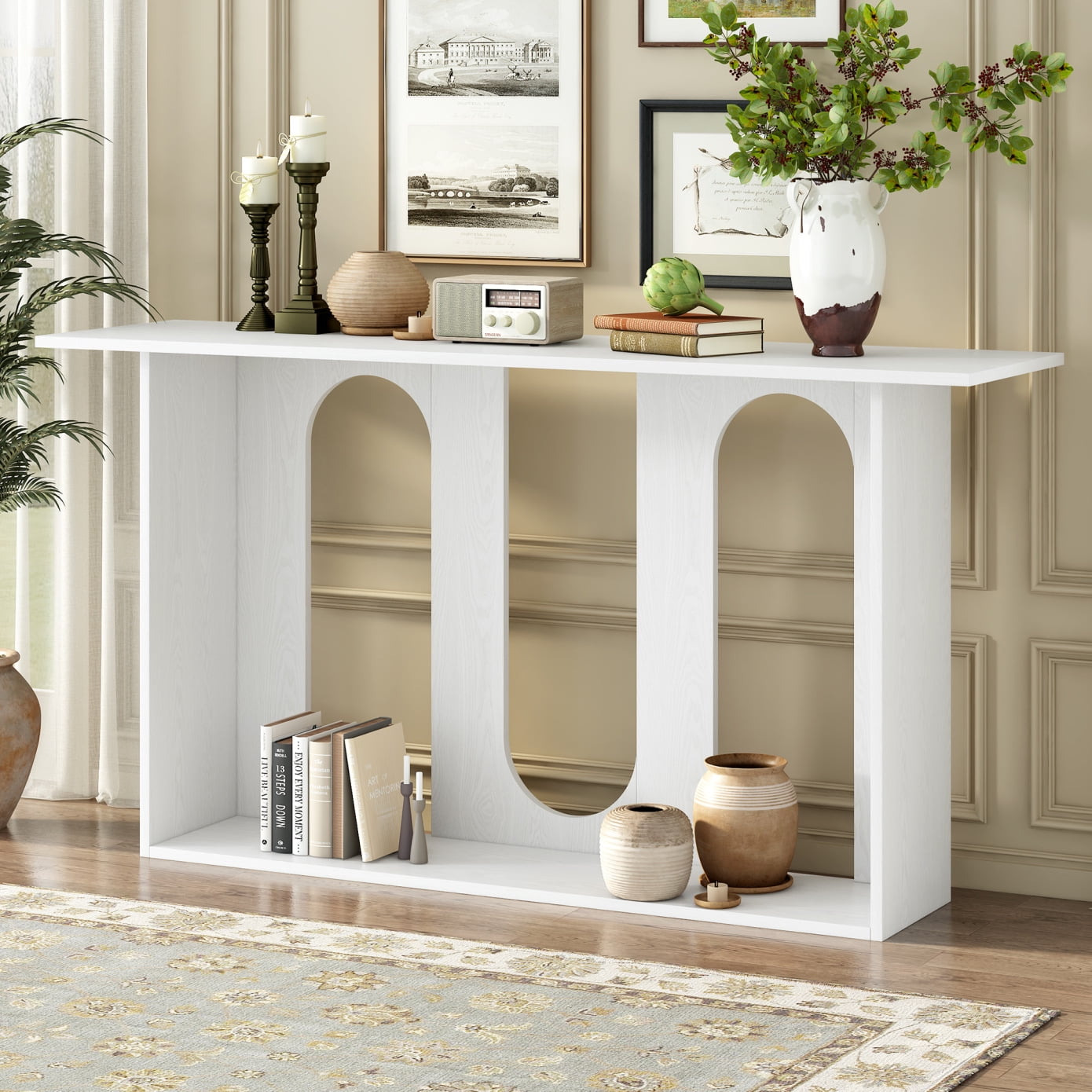 Modern Curved Console Table with Shelf, White Ash Veneer Entryway ...