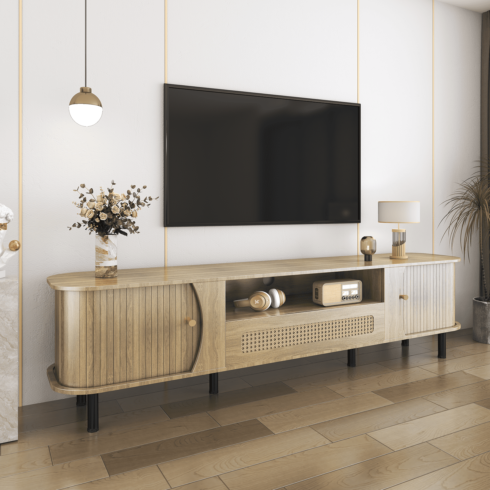 Modern Curved TV Stand for TVs up to 80 Inches, Farmhouse TV Cabinet ...